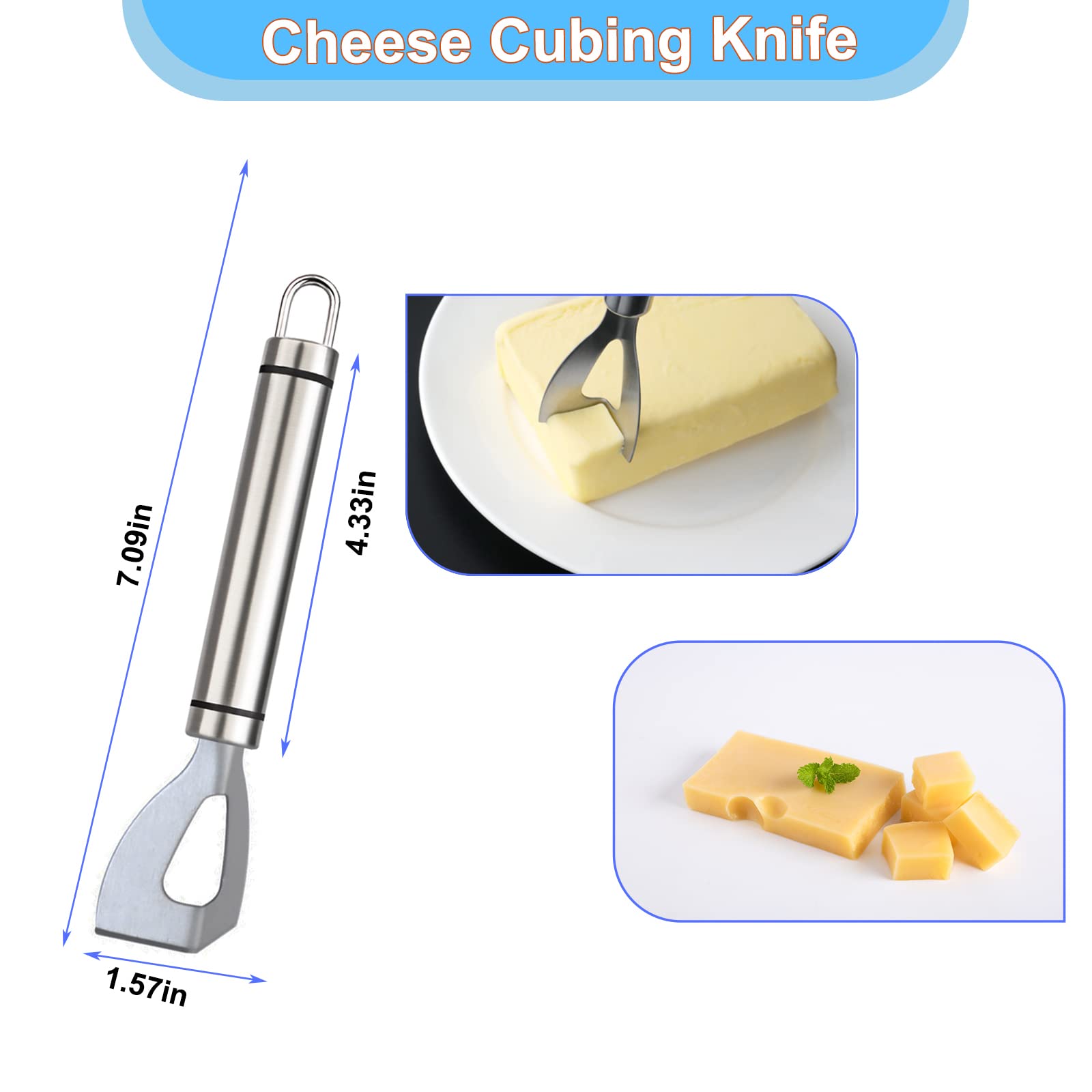 SanKitc 3 Pcs Cheese Slicer Tools Stainless Steel Kitchen Gadgets Including Cheese Slicing Knife, Cheese Cubing Knife and Cheese Grater