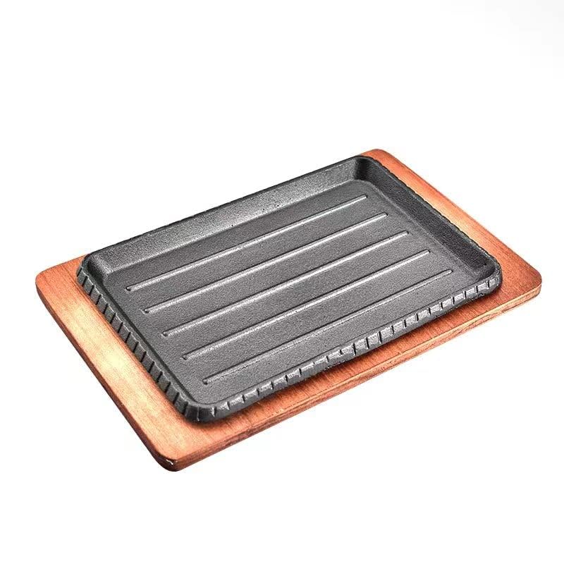 YYJINGYOU Cast Iron Steak Plate Set with wood Plate,Convex Groove (10 x 7 inch)