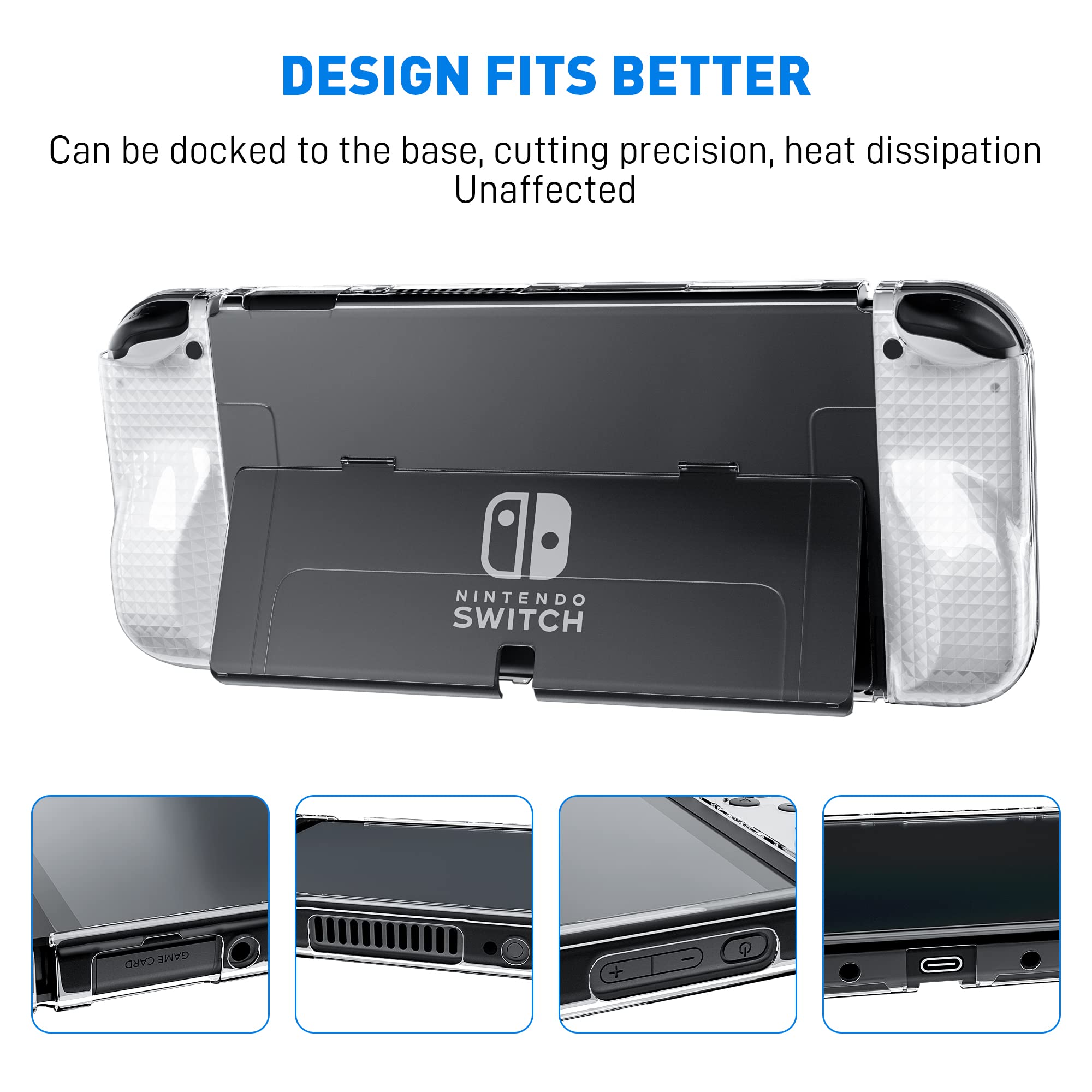 LASTYAL Flip Clear Case Compatible with Nintendo Switch OLED, Hard Console Protective Case and Grid Pattern TPU Shell for Joycon Controller with Screen Protector and 12 Thumb Grip Caps