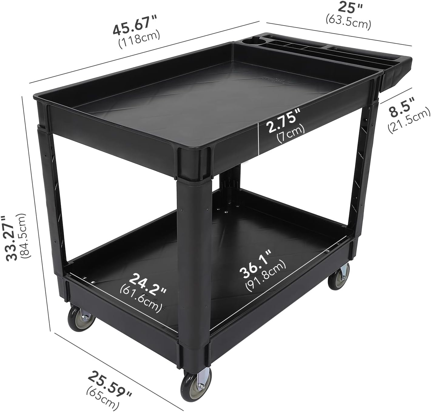 Service Cart 2-Shelf, Storage Handle, 500 lbs Capacity, for Warehouse/Garage/Cleaning/Manufacturing,45"X25"