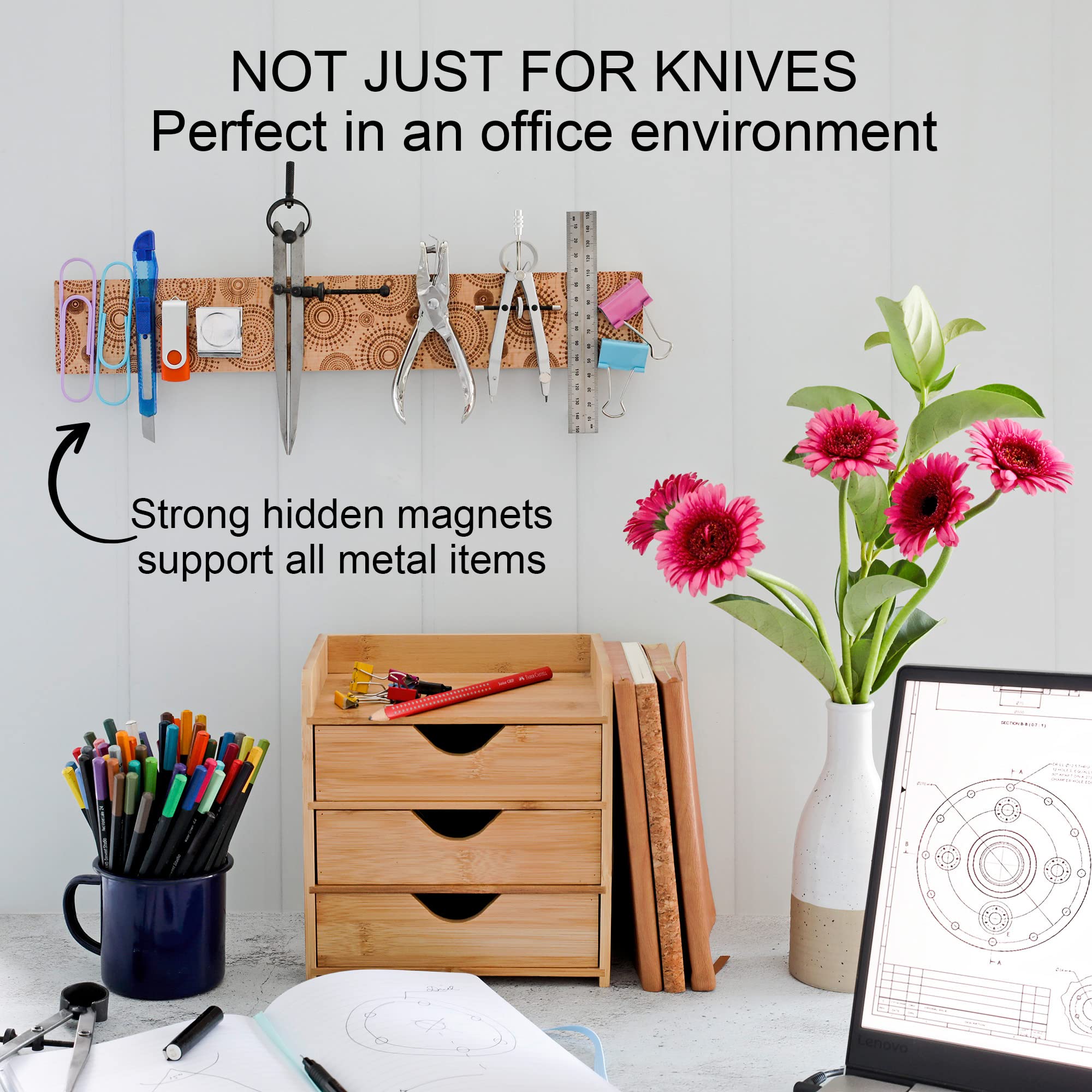 Magnetic Strip Knife Holder β Etched Wood Knife Rack or Bar with Hardware for Hanging & Wall Mounting. β Kitchen Utensil Organizer & Storage by Fiddle & Finch, 16 Inch. Circle Design