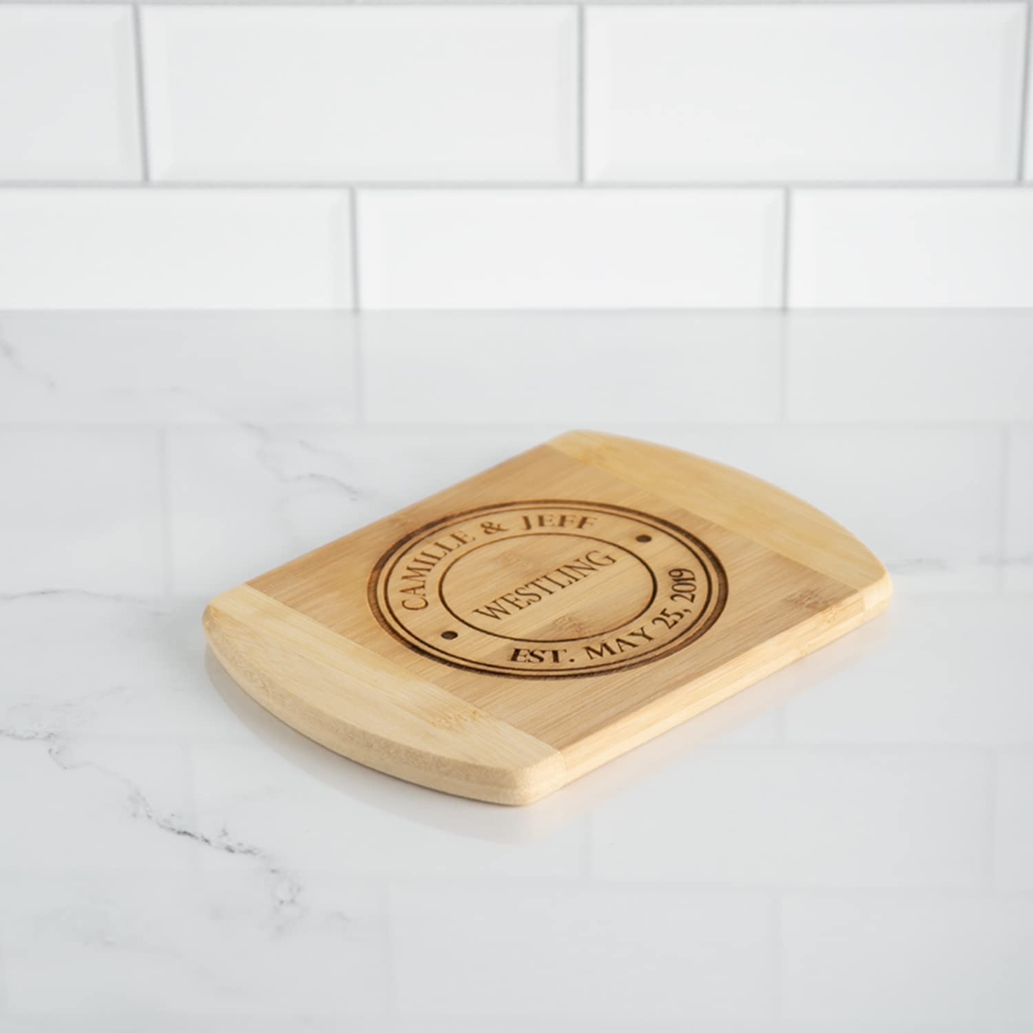 Personalized Wedding Gift for Couples - Engraved Bamboo Cutting Board - Engagement Gifts or Bride to Be Gifts - Mr & Mrs Gift (6x8 Two Tone Rounded, Harrison Design)
