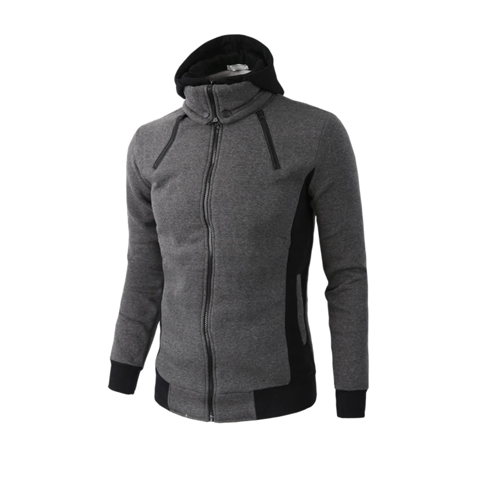 Maiyifu-GJ Men's Double Zipper Turtleneck Fleece Hoodie Lightweight Zip Up Hooded Jacket Long Sleeve Sweatshirt With Pocket (Dark Grey,X-Large)
