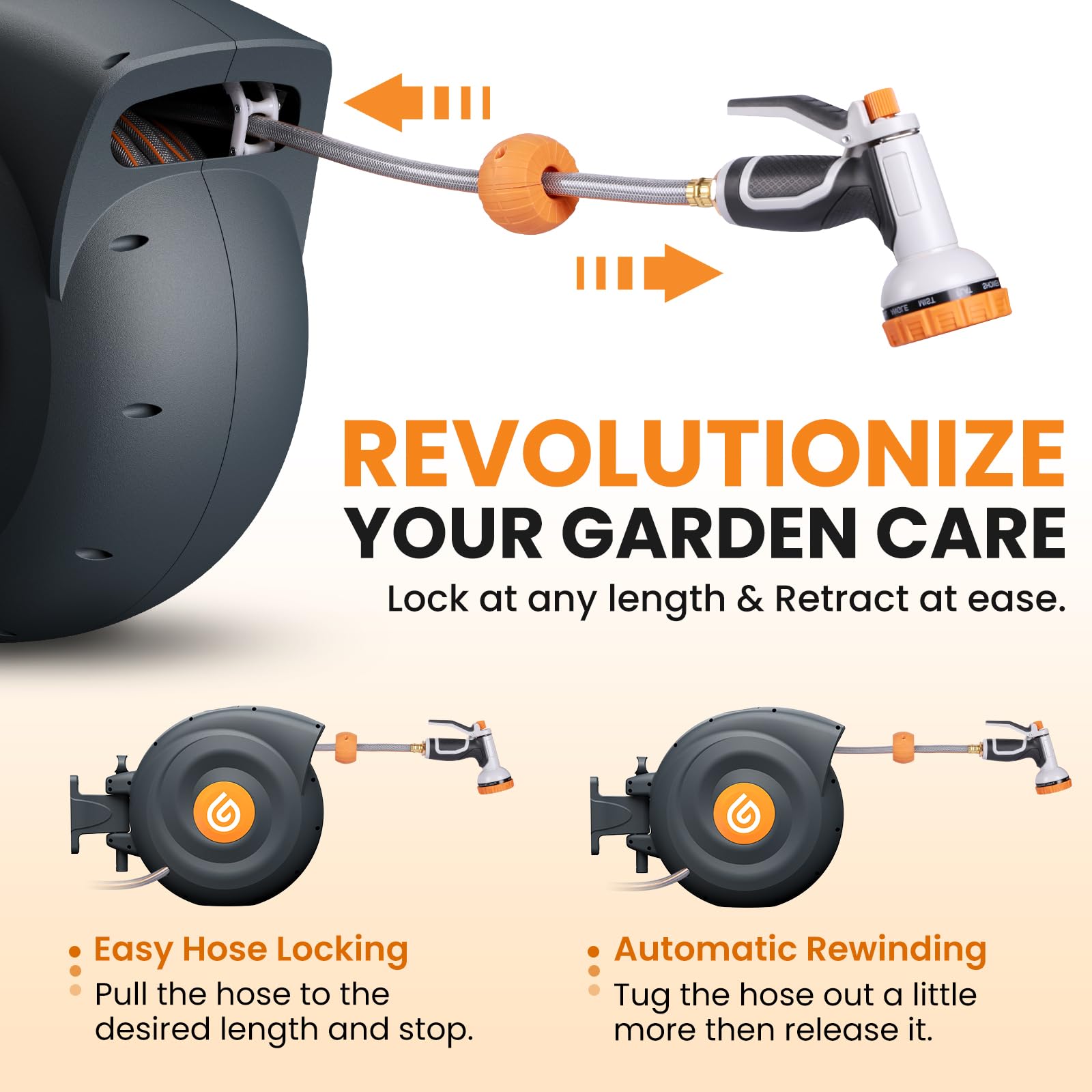 Retractable Garden Hose Reel 100ft, 1/2"Reinforced Leak-proof Water Hose, 10-Pattern Hose Nozzle, Slow Rewinding, UV Resistant, Durable Brass Fittings, 3-Layer PVC Hose, 180° Swivel Bracket
