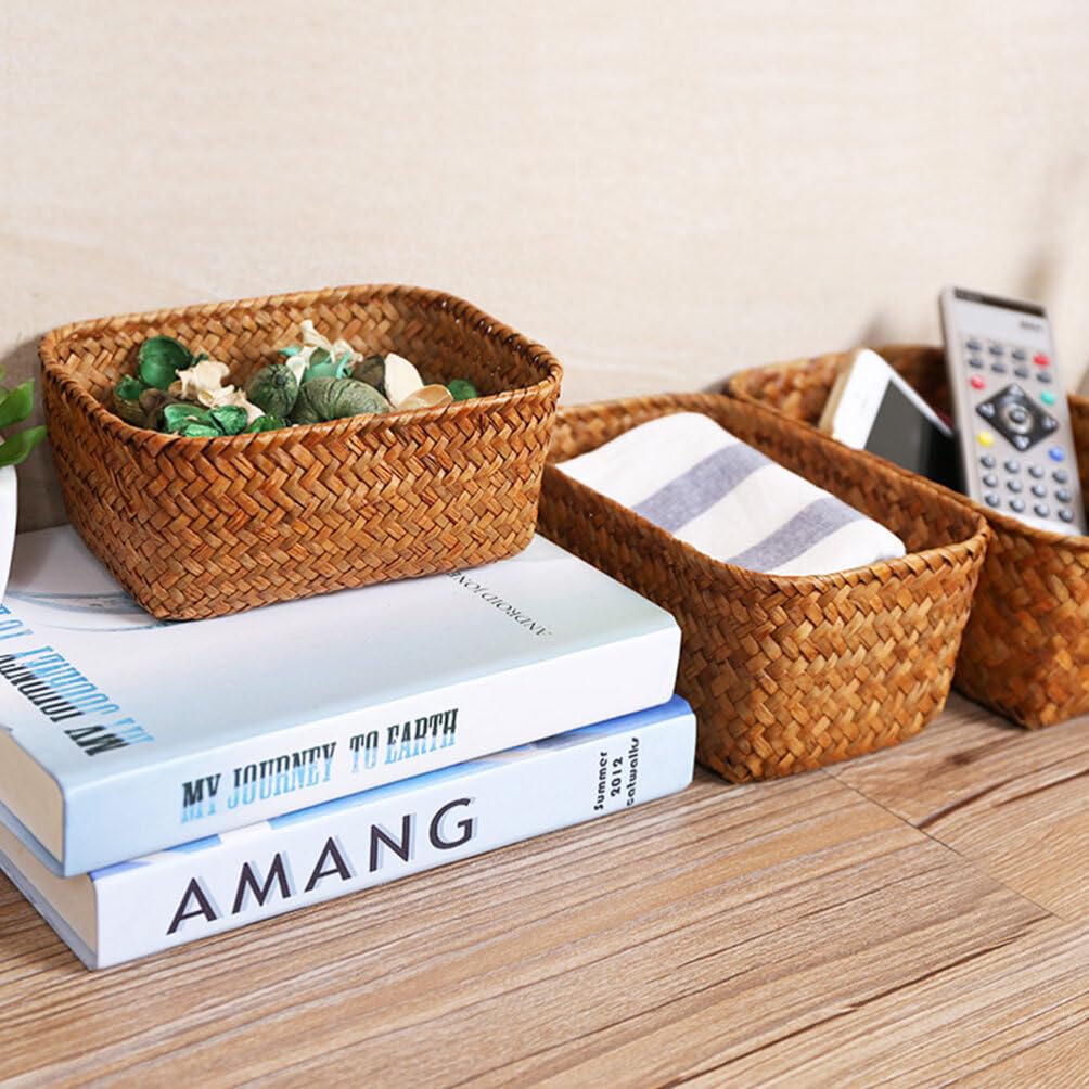 Luxshiny Storage Bins Seagrass Wicker Baskets Basket Hand Woven Storage Bin Rattan Shelf Baskets Key Bowl for Desktop Case Sugar Packet Sundries Holder Random Color M