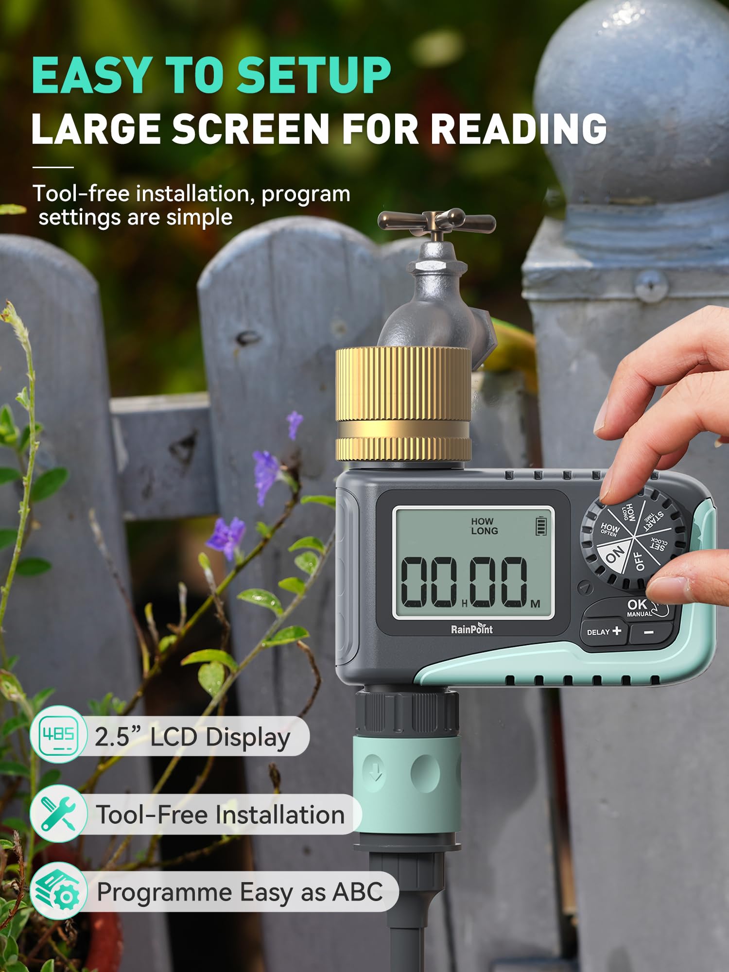 RAINPOINT Sprinkler Timer with Brass Swivel, Water Timer for Garden Hose, Programmable Hose Timer with Rain Delay/Manual Watering, Digital Irrigation Timer System for Lawns, 1 Outlet
