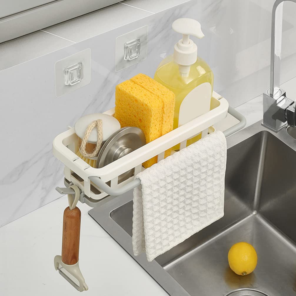 LIFKOME Kitchen Sink Caddy Plastic Retractable Sponge Holder Wall Mount Dish Cloth Hanger Hanging Sink Organizer Rack Basket Soap Rack Brush Holder