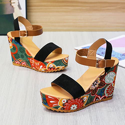 OVELING Shoes Women Wedges Toe Buckle Breathable Flower Open Summer Strap Sandals Women's Wedges Comfortable Sandals Walking