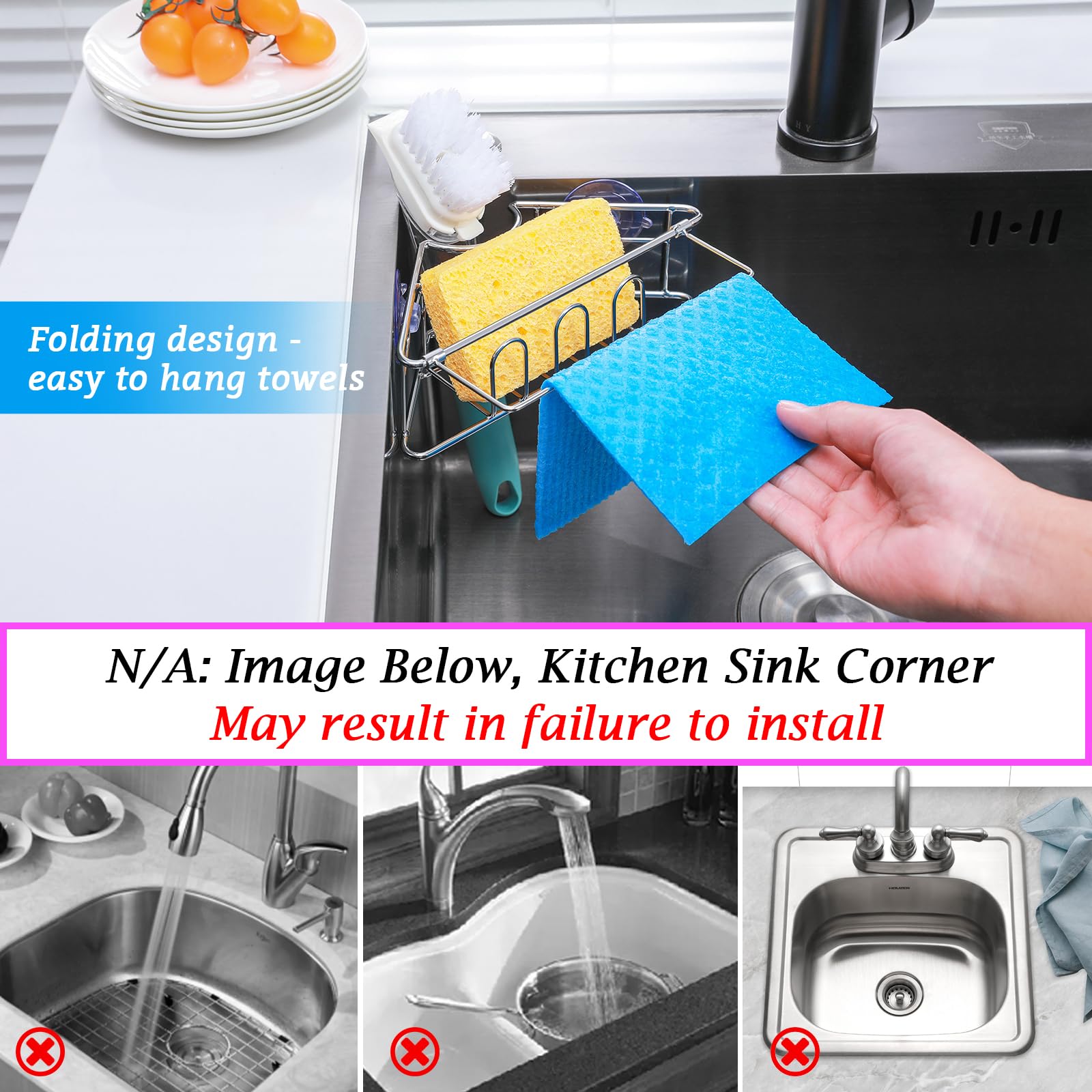 MAISEEN Kitchen Sink Caddy Sponge Holder, Space Saving Kitchen Sink Organizer + Sink Brush Holder + Dish Rag Holder, 304 Stainless Steel, Multi-Purpose 6 In 1 Kitchen Sink Accessories. Silver