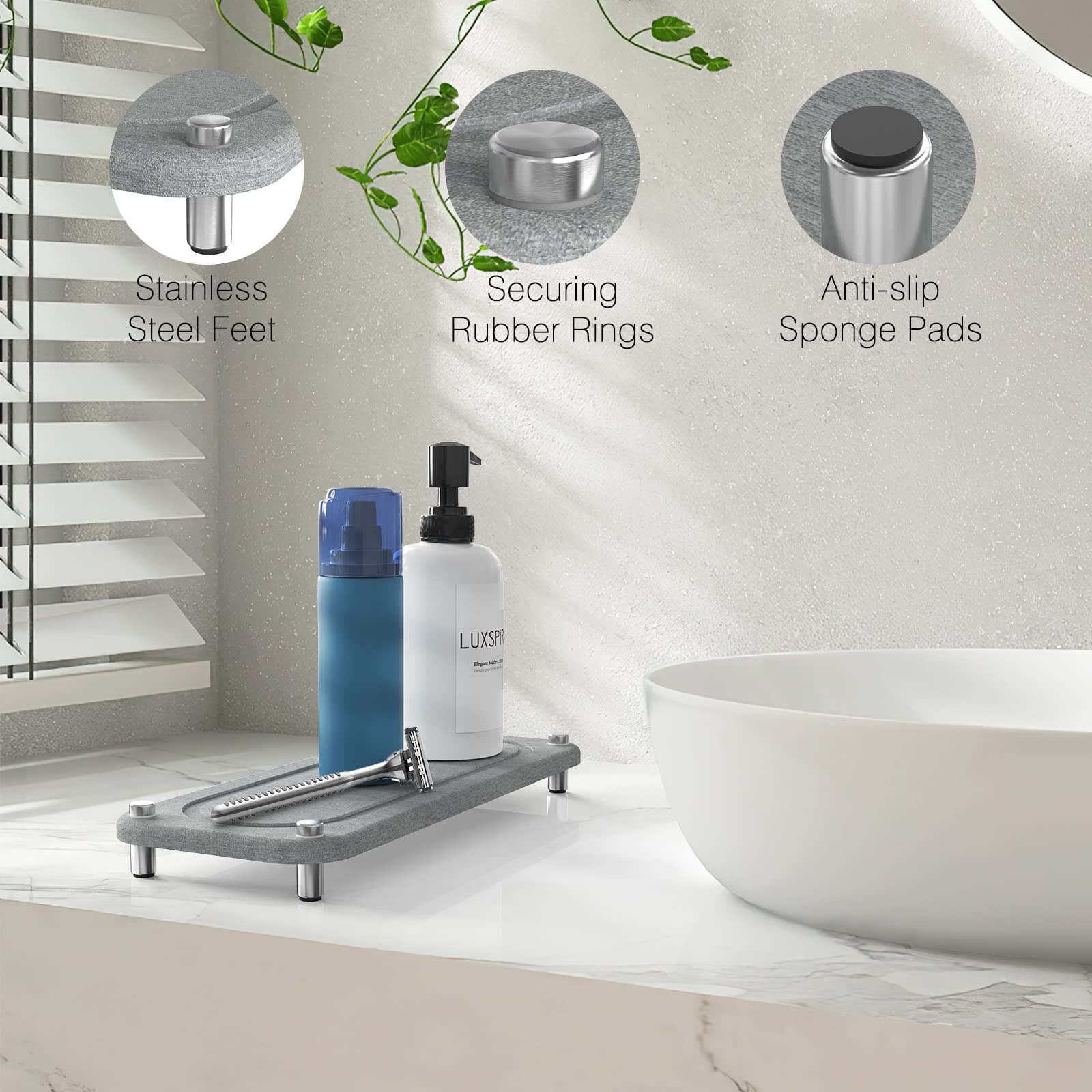 Luxspire Instant Dry Sink Organizer, Gray Diatomaceous Earth Drying Rack, 11" x 7" Rectangular Tray