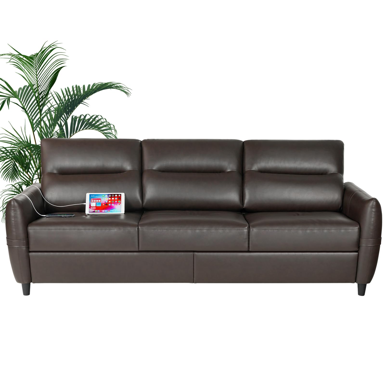 STHOUYN 85β Faux Leather Sofa Brown Leather Couch with USB, Mid Century Modern 3 Seater Couches Sofas Living Room, Apartment Couch, Large Office Sofa Couch, Stain Resistant & 3 Tufted Cushion (Brown)