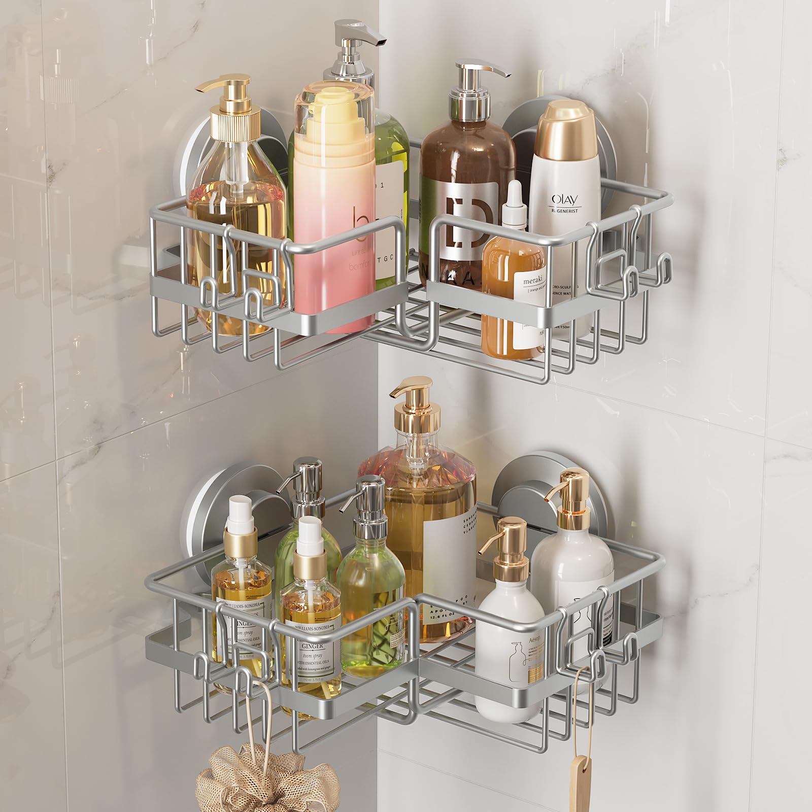 TAILI Heavy Duty Suction Cup Shower Caddy 2 Pack, Removable Rustproof Stainless Steel Shower Rack, Drill-Free Shower Shelf with Hooks, Wall Mounted Basket Organizer for Bathroom, Grey