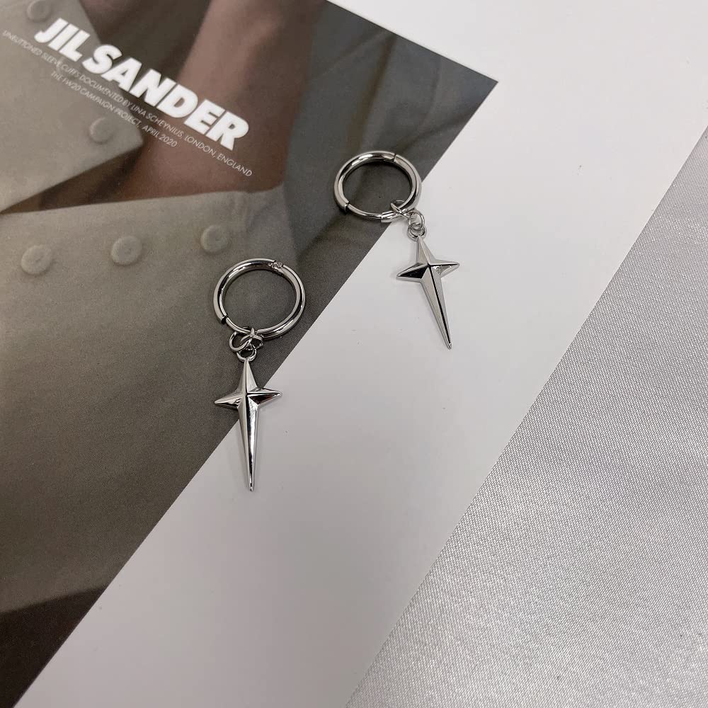 Punk Cross Star Dangle Drop Huggie Small Hoop Earrings for Men Women Boys Stainless Steel Hypoallergenic Minimalist Personalized Simple Sleeper Hinged Hoops Dangling Hanging Hip Hop Lightweight Piercing Fashion Jewelry Gifts Valentines Day
