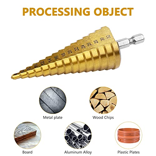 PRECIHW 15 Sizes Step Drill Bit, 4mm-32mm (3/16" to 1-1/4") Titanium Coated Multi Step Drill Bits for Sheet Metal Hole Drilling, HSS Multi Size Unibit Drill Bits for Metal, Aluminium and Wood