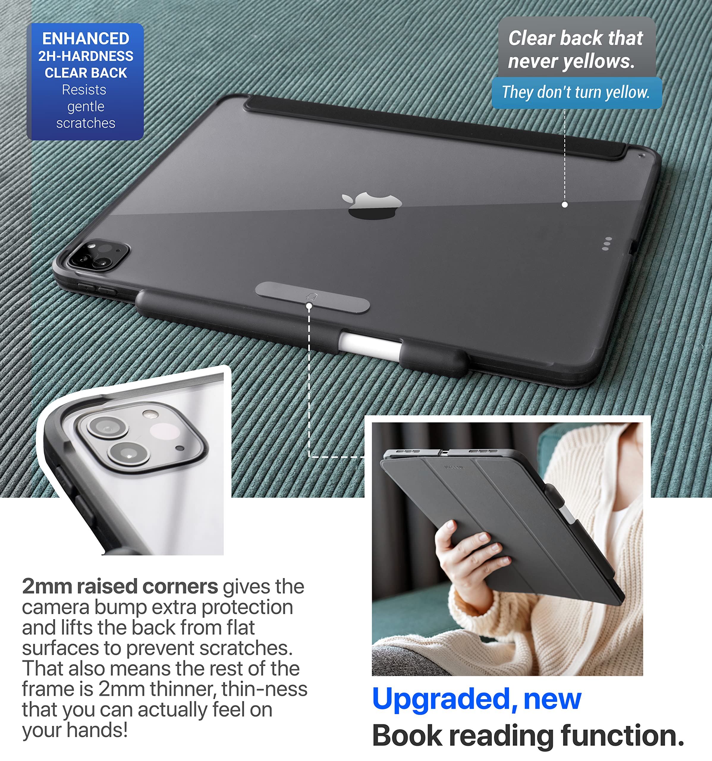 TineeOwl Mocha iPad Pro 11 inch Case 2022, 2021, 2020, 2018 (4th, 3rd, 2nd, 1st Generation) Ultra Slim Clear Case with Pencil Holder + Tri-fold Stand Cover, Lightweight (Frosted Black/Clear Back)