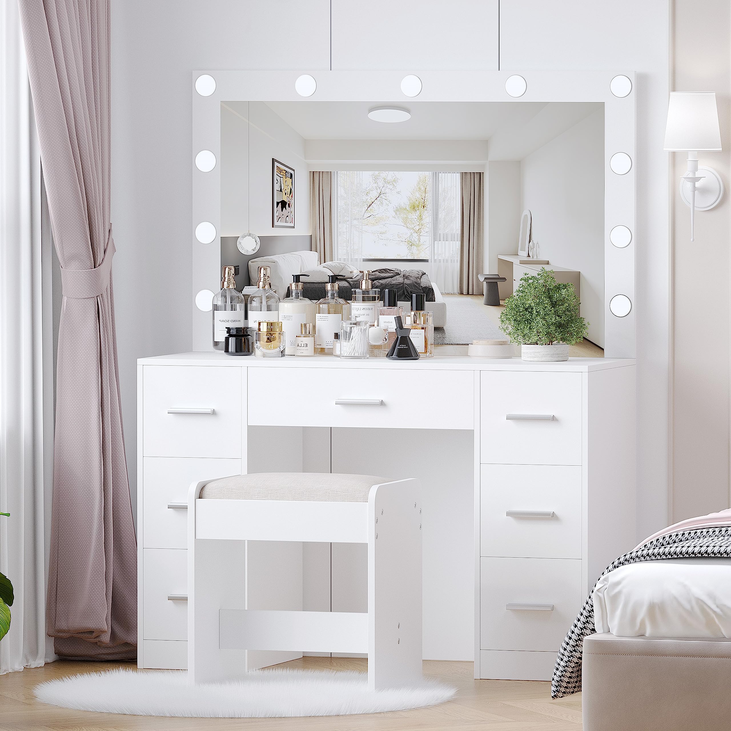 Irontar Vanity Desk with Stool, Makeup Table with Lighted Mirror, 3 Color Lighting Modes, Brightness Adjustable, Dressing Table with Drawers, Vanity Table Set for Women, White WDT004WD