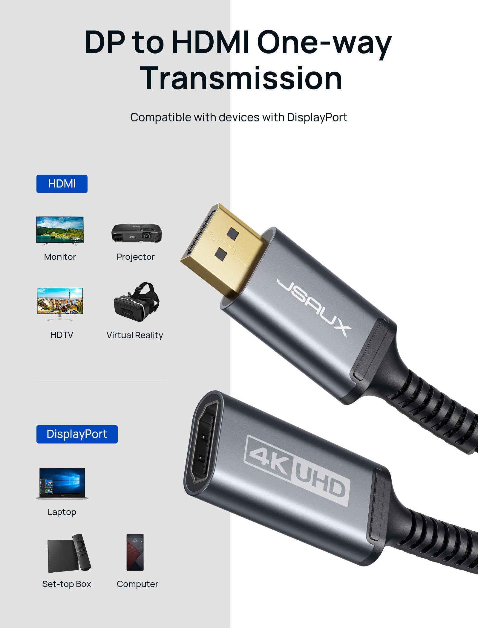 JSAUX 4K DisplayPort to HDMI Adapter, Display Port to HDMI Adapter Cable (4K@30Hz) Uni-Directional UHD High-Speed DP to HDMI Adapter for HP, Dell, GPU, AMD, NVIDIA and More