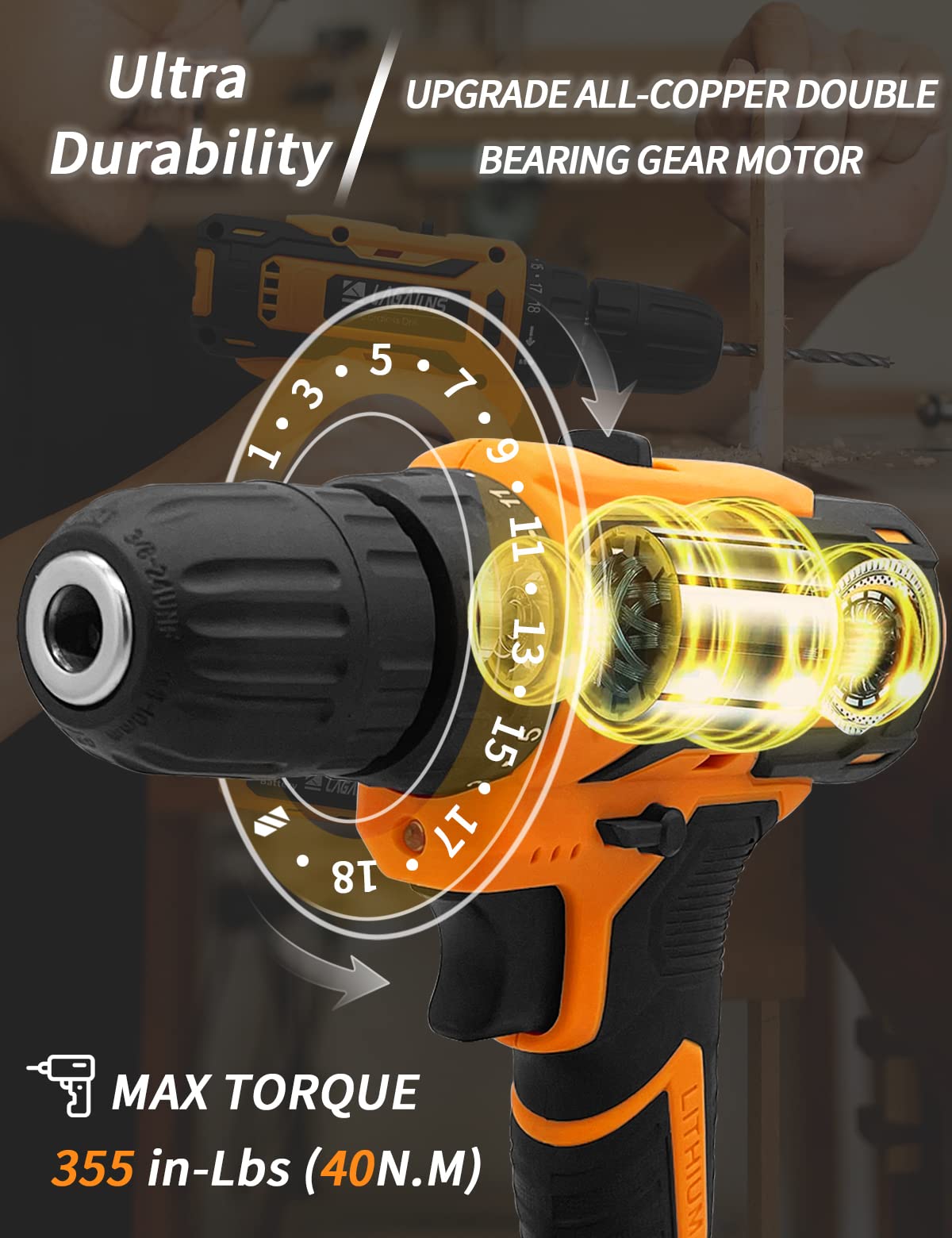 Power Drill Cordless,21V Electric Power Drill Set,18+1 Clutch & Variable Speed,3/8-Inch Keyless Chuck,40NM(355in-Lbs)Max Torque,with a Battery & Charger,and other Accessories