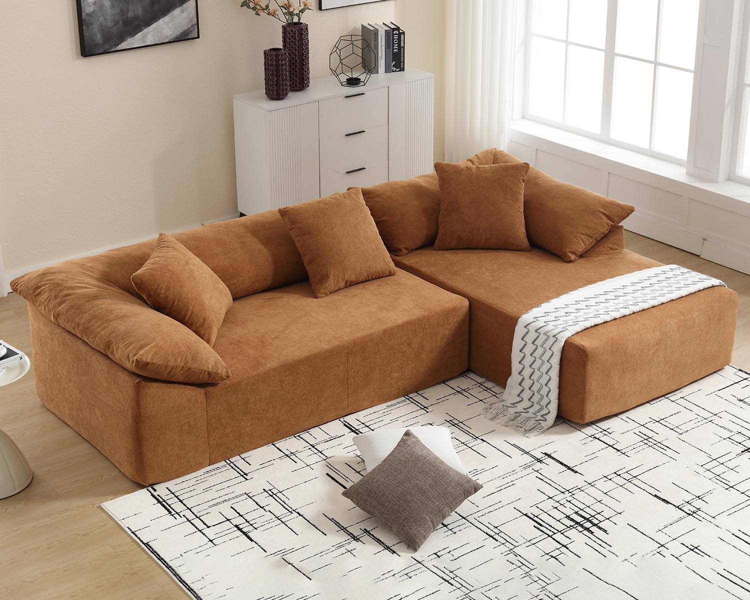 Taiweny Cashmere L Shaped Sofa Modern Floor Combination Sofa, 129.92" L-Shape Modern Upholstered Couch with Chaise Lounge, 3 Pillows, Modular Sectional Sofa with Cloud Deep Seat for Living Room Brown