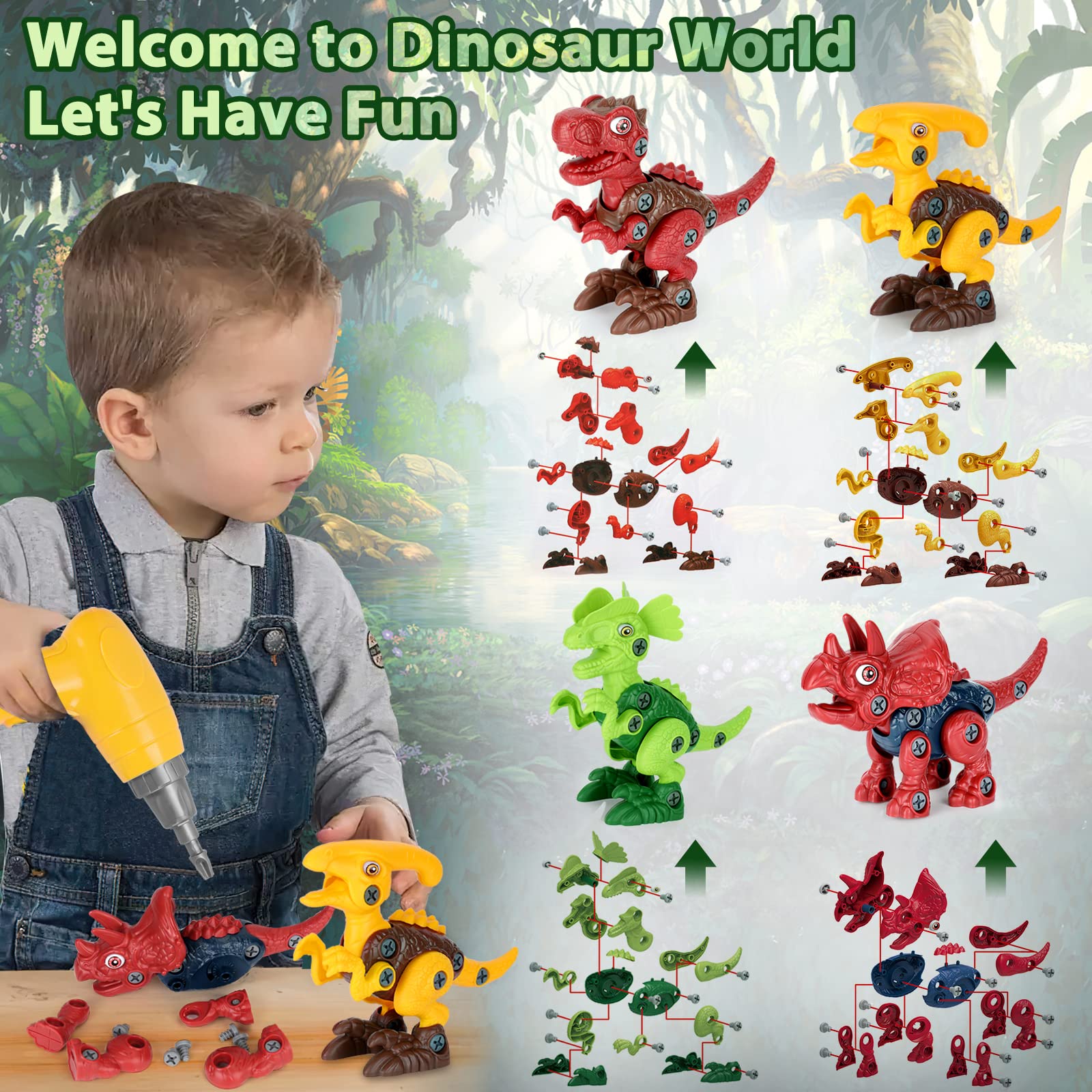 PUPAX Take-Apart Dinosaur Toys with Electric Drill, STEM Learning for Kids 3-7, Educational Building Set for Birthday & Holidays