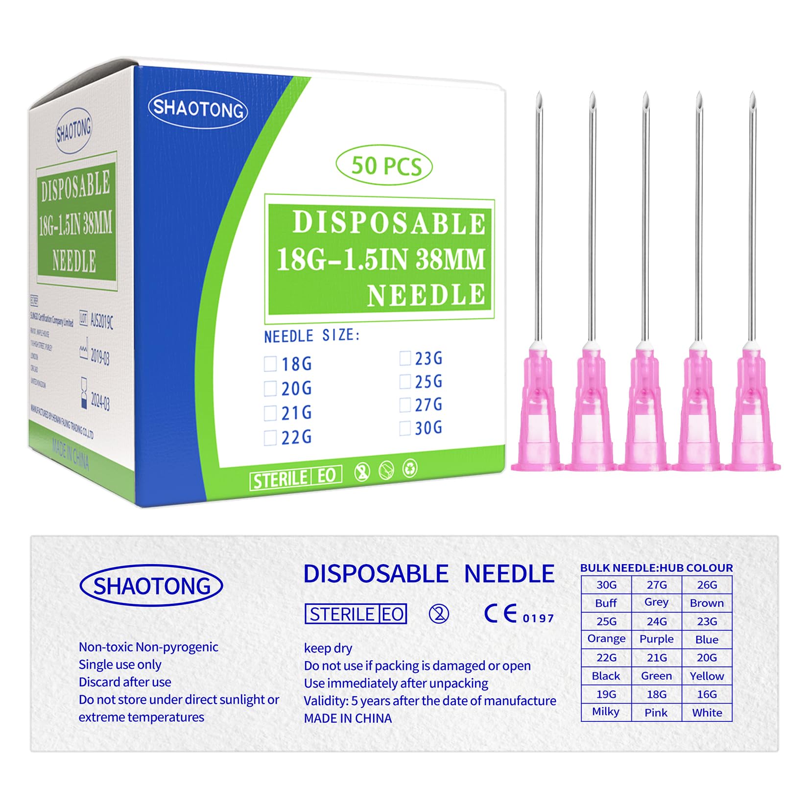 SHAOTONG 18 Gauge 1.5 inch Needle Dispensing Accessorie, Individually Wrapped, Pack of 50