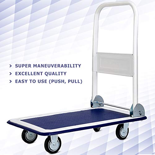 Safstar Folding Push Cart Dolly, Rolling Platform Cart for Garage Warehouse, Portable Flatbed Cart with Non-Slip Swivel Casters (330Lbs Load-Bearing Capacity, Blue)