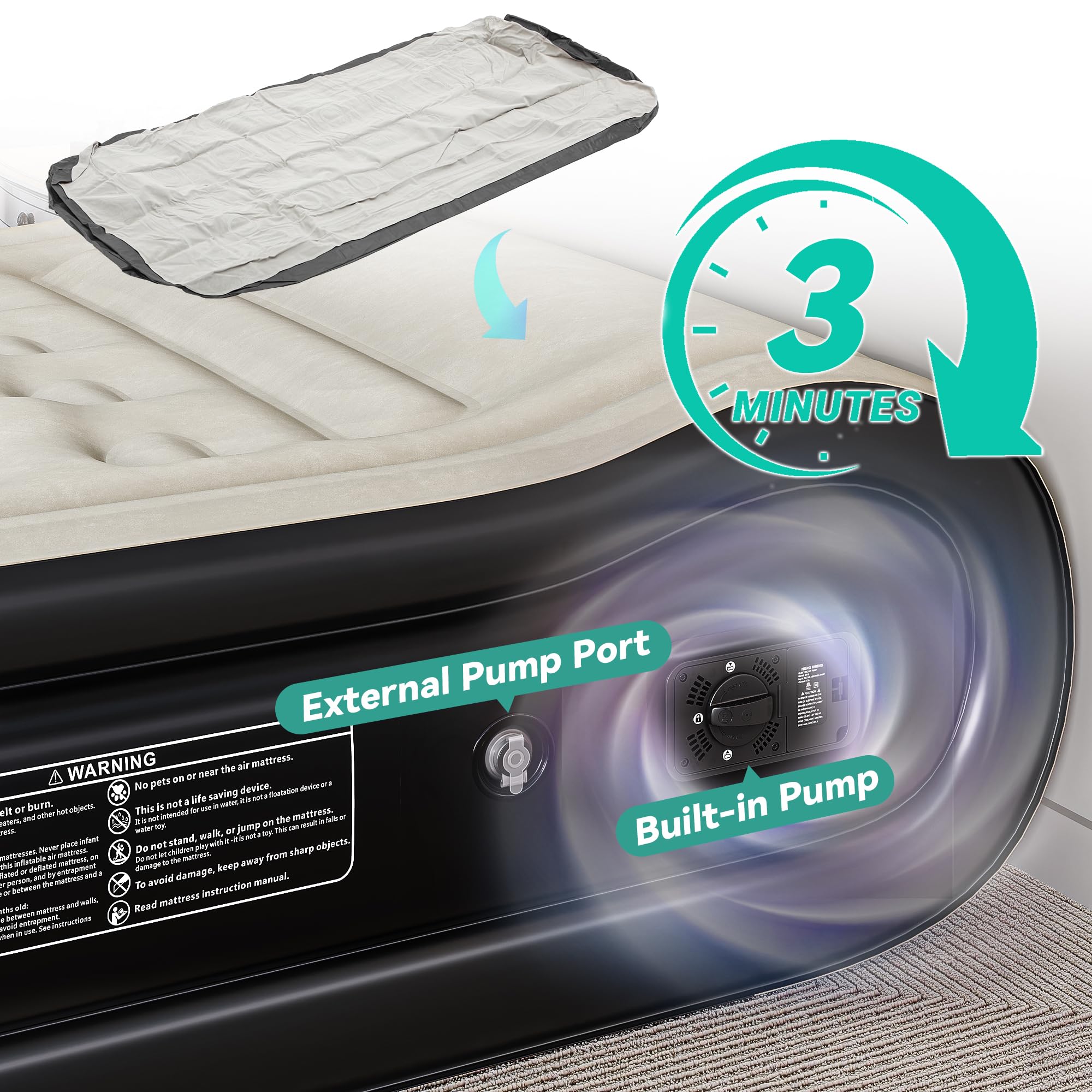 YITAHOME 18'' Flocked Top Queen Air Mattress with External Pump and Headboard, Durable Inflatable Bed, Blow-Up Mattress for Indoor and Outdoor Use, Brown