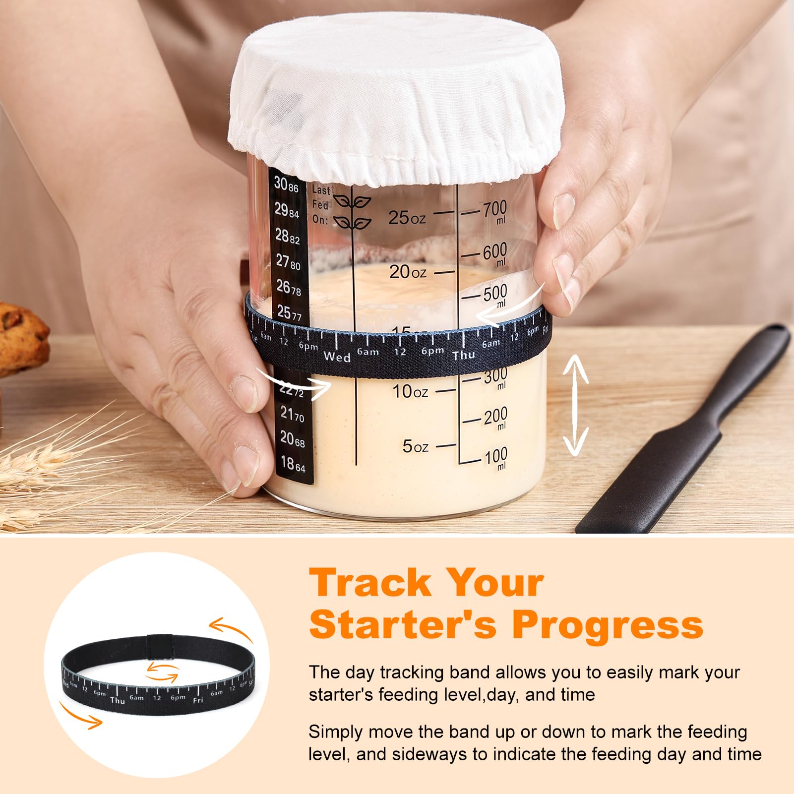 Sourdough Starter Jar 2PACK | Wide Mouth 35oz with Ounce&ML Scale line,Date Marked Feeding Band,Thermometer,Sourdough Jar Scraper,Cloth Cover & Stainless Steel Lid,Measuring Spoons,Complete Kit