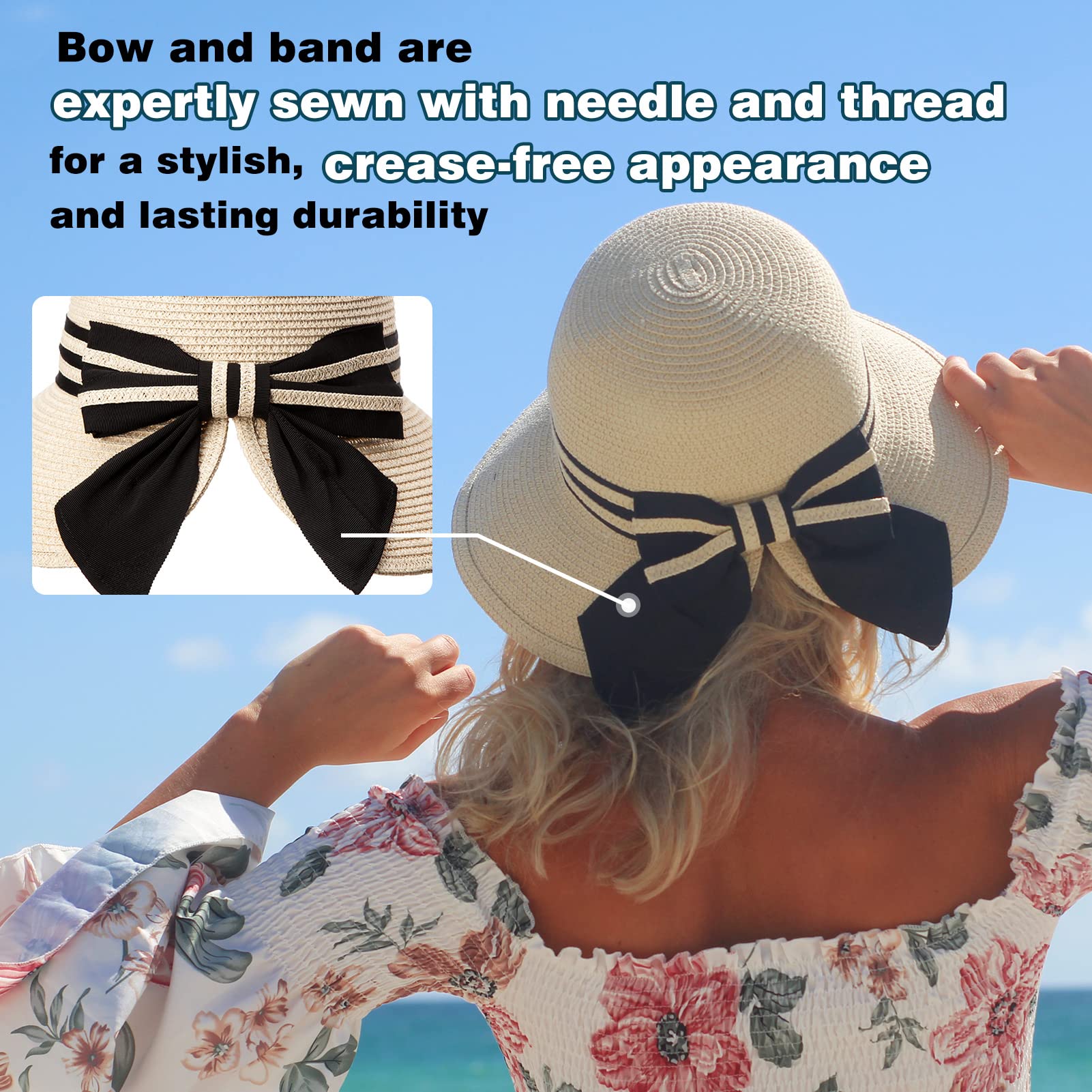 Jeff & Aimy Womens Packable Floppy Straw Beach Sun Hat Floppy with UV Protection Wide Brim Neck Cord Foldable Panama Fedora Travel Sunhat UPF 50 Large 57.5-59CM