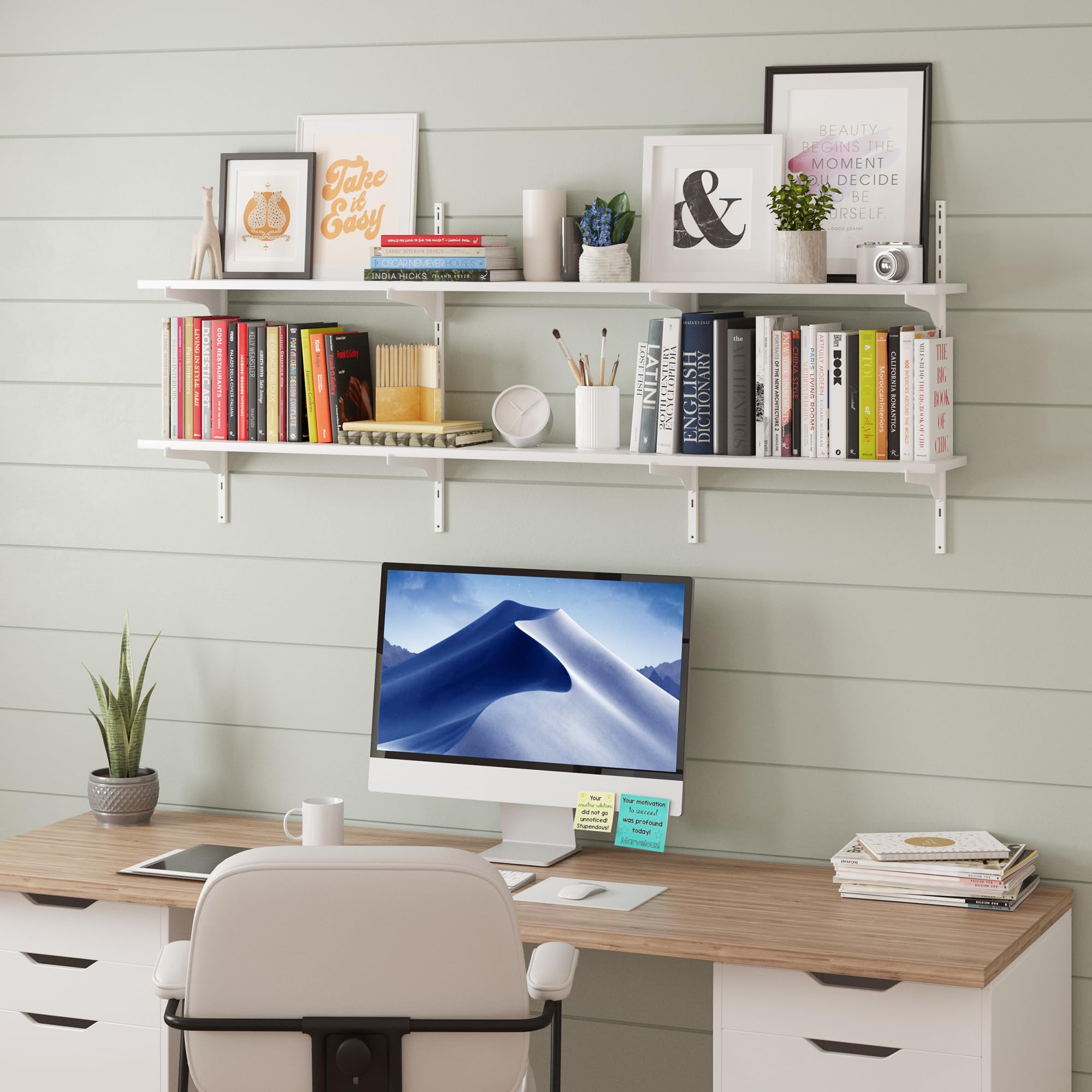 Wallniture Turin 60 inch x8 in Floating Shelves for Wall Decor, Floating Shelf System, Wall Book Shelf for Living Room, Wall Shelves with Adjustable Standard Rail Bracket System, White, Wood