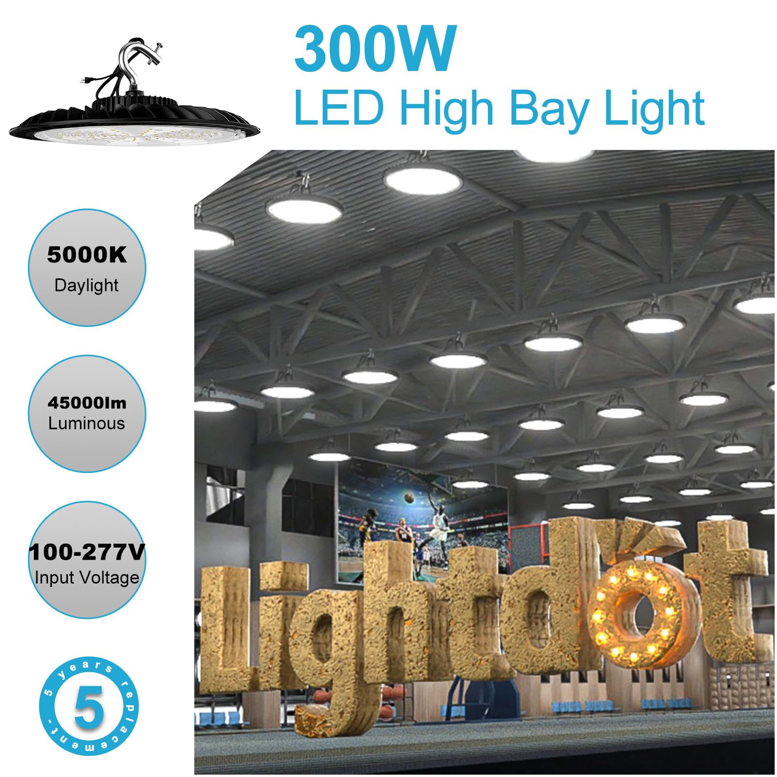 Upgrade 300W LED High Bay Light 45000lm (Eqv.1200W MH/HPS) Commercial Bay Lighting, 5000K LED UFO High Bay- 2Pack (Coverage:66~110ft at Height:30~50FT)
