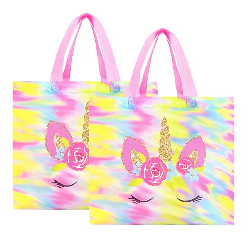 NICE CHOICE Colorful Rainbow Unicorn gift bag Medium Recycled Gift Bag Birthday Party Goodie Candy Tote Bags with Handle for Girls Kids (2 pcs)