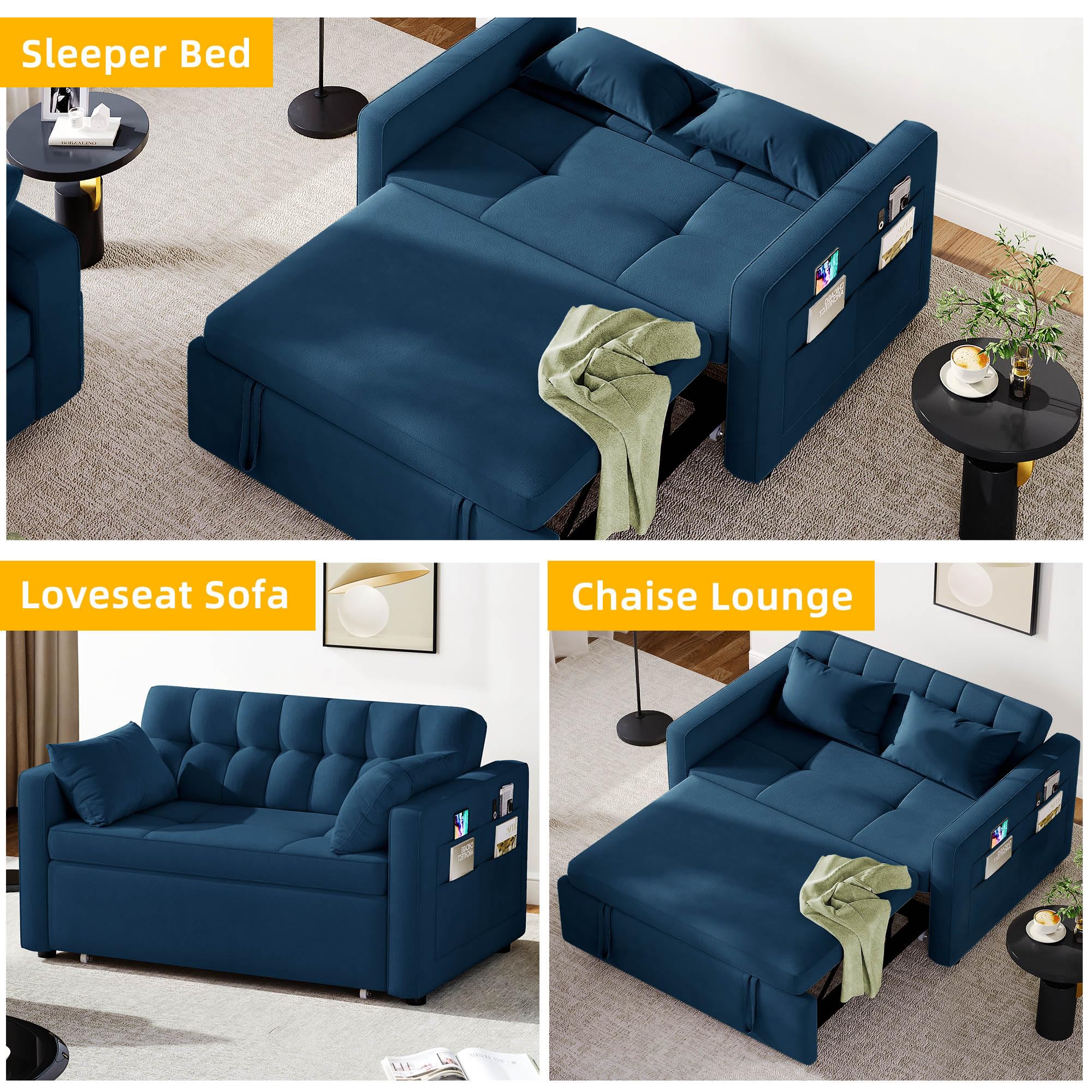 YITAHOME 55" Convertible Sofa Bed, 3-in-1 Sleeper Sofa with Pull-Out Bed, Cat-Scratch-Proof Fabric Futon Couch with Reclining Backrest and Side Pocket, Loveseat for Living Room, Grey, Full Size