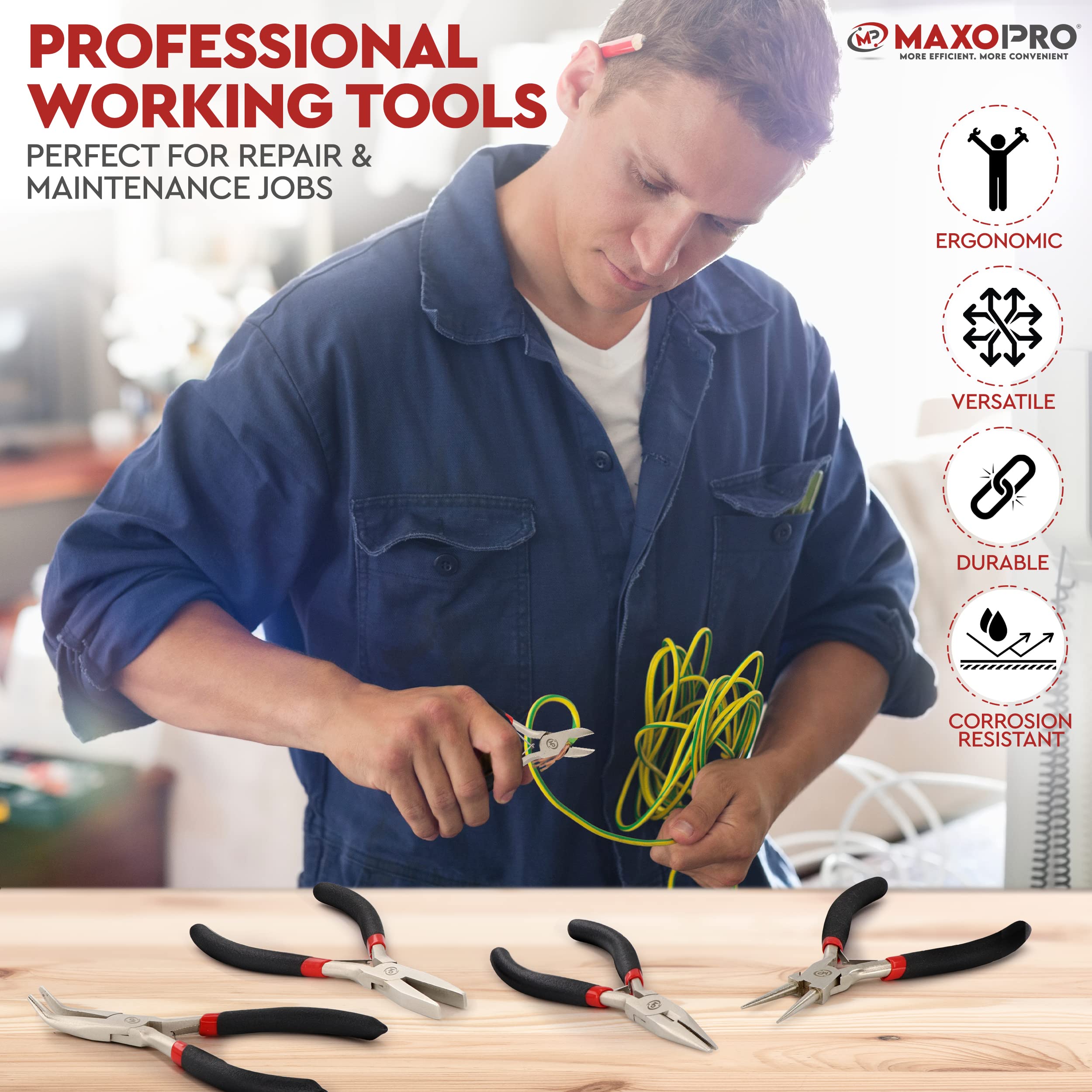 Premium Needle Nose Pliers Set β 5Pcs Anti-slip Comfort Grip Small Pliers Set - Round Nose, Toothless Needle Nose, Flat Nose, Diagonal & Toothed Needle Nose Pliers for Jewelry Making - By MaxoPro