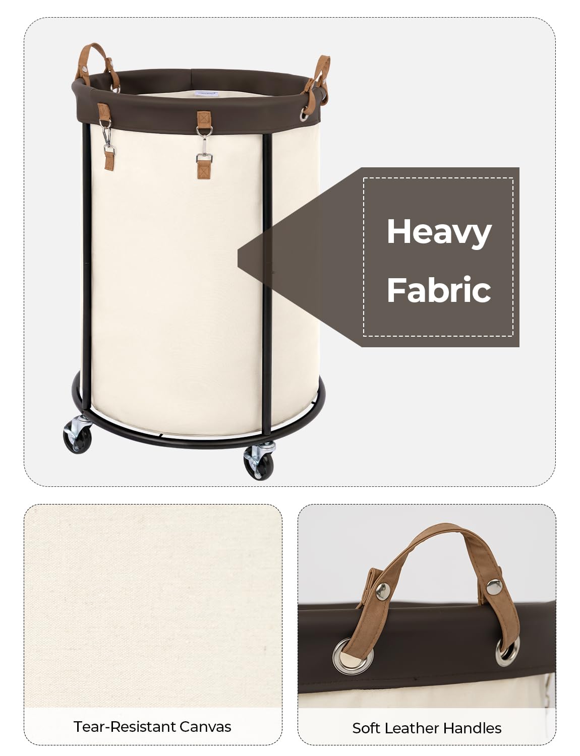 StorageWorks Laundry Basket with Wheels, 210L Extra Large Rolling Laundry Hamper, Round Laundry Cart with Steel Frame and Removable Bag, 4 Casters and 2 Brakes, Beige, 1-Pack