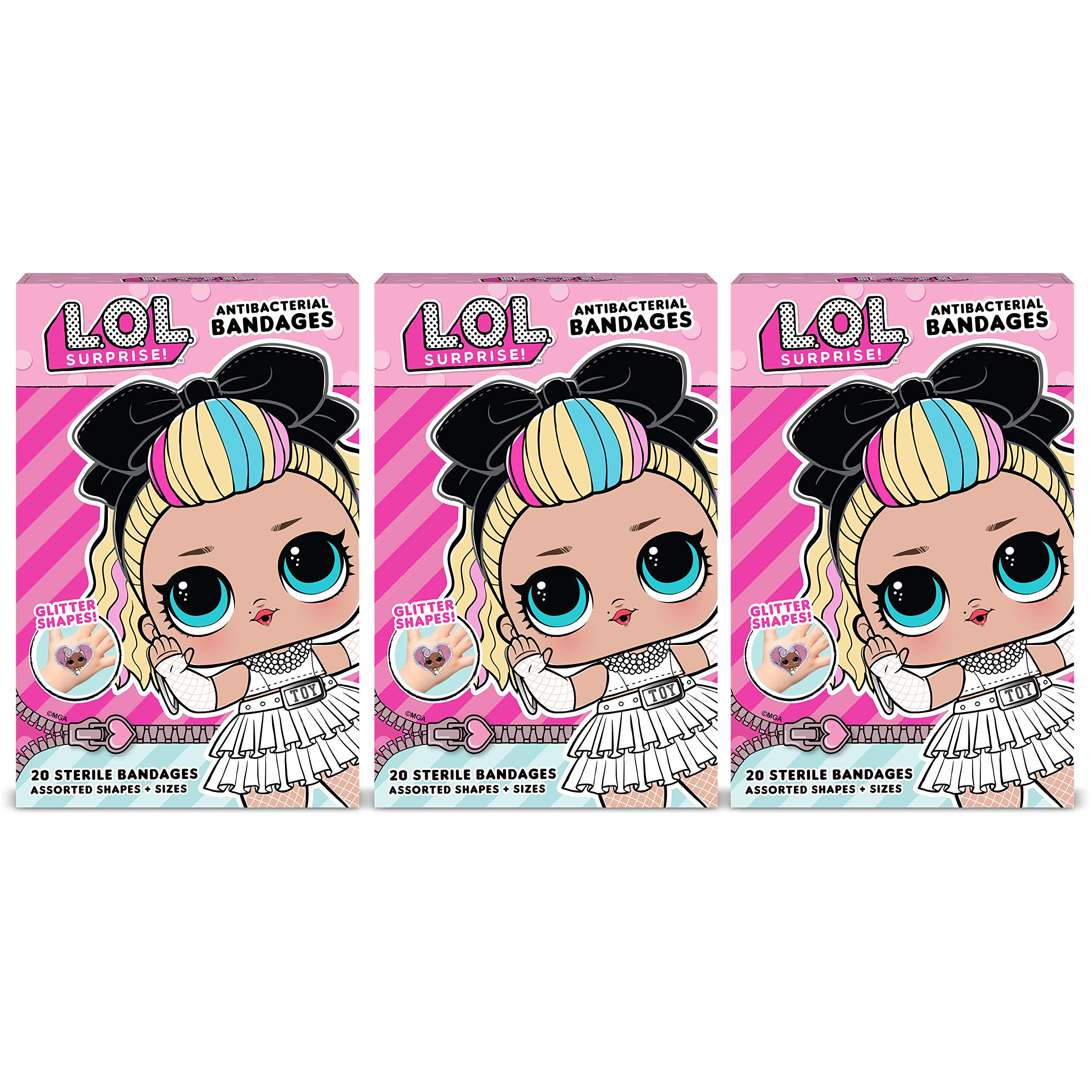 LOL Surprise! Shapes Glitter Kids Bandages, 20 CT, 3 Pack | Wear Like Stickers, Adhesive Bandages for Minor Cuts, Scrapes, Burns. Great Stocking Stuffer or White Elephant