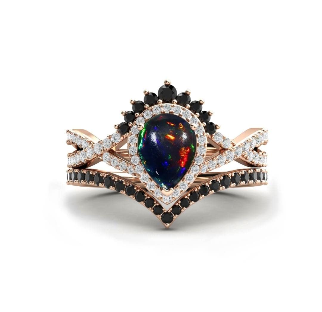 Natural Ethiopian Opal Ring, Pear Black Opal Ring, Sterling Silver Fire Opal Ring, Dark Opal Ring Set, Women Black Opal Halo Engagement Ring (Rose Gold, 7)
