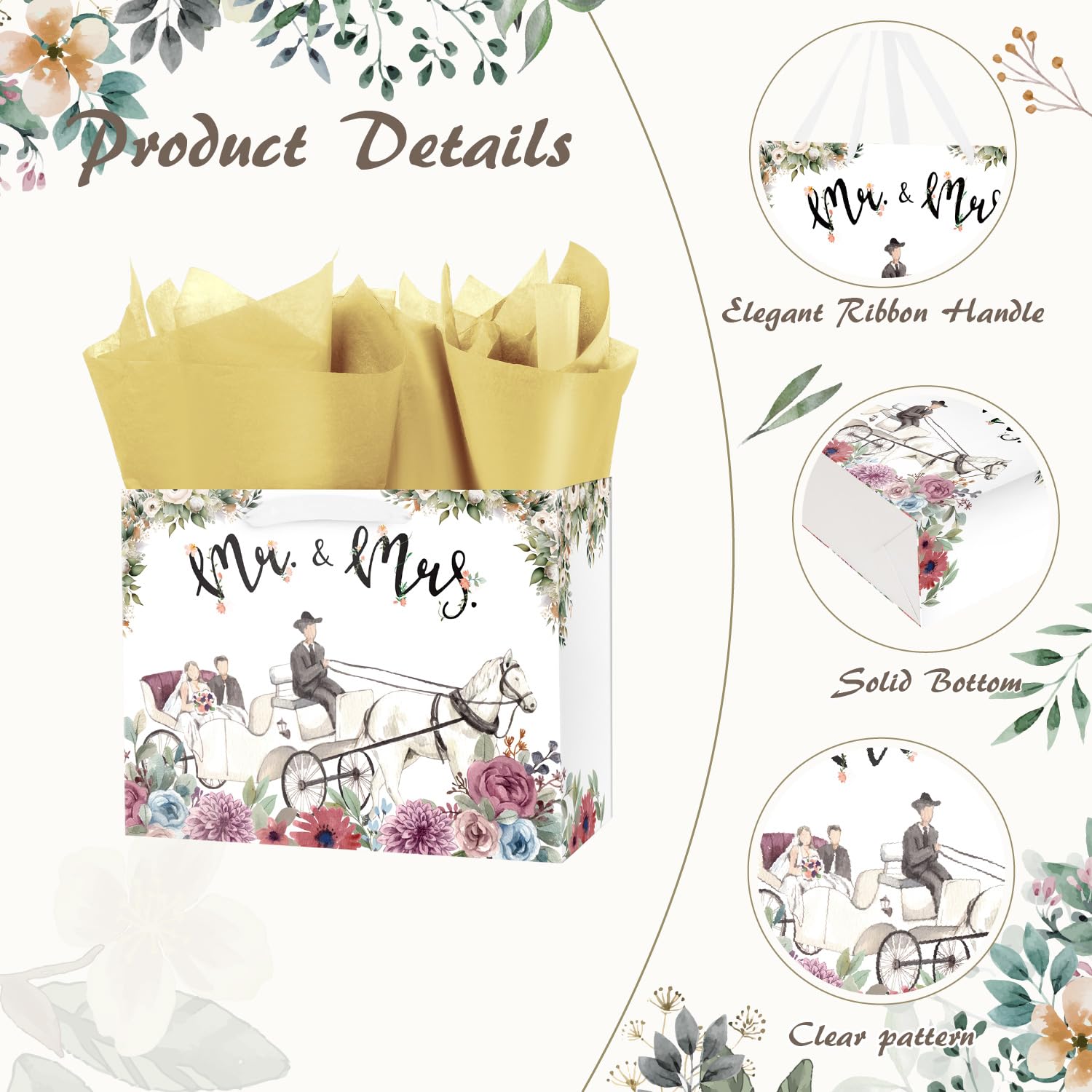 ysmile Wedding Gift Bag with Wrapping Tissue, 12" Bride Gift Bag for Engagement, Anniversary for Women Men Mr Mrs