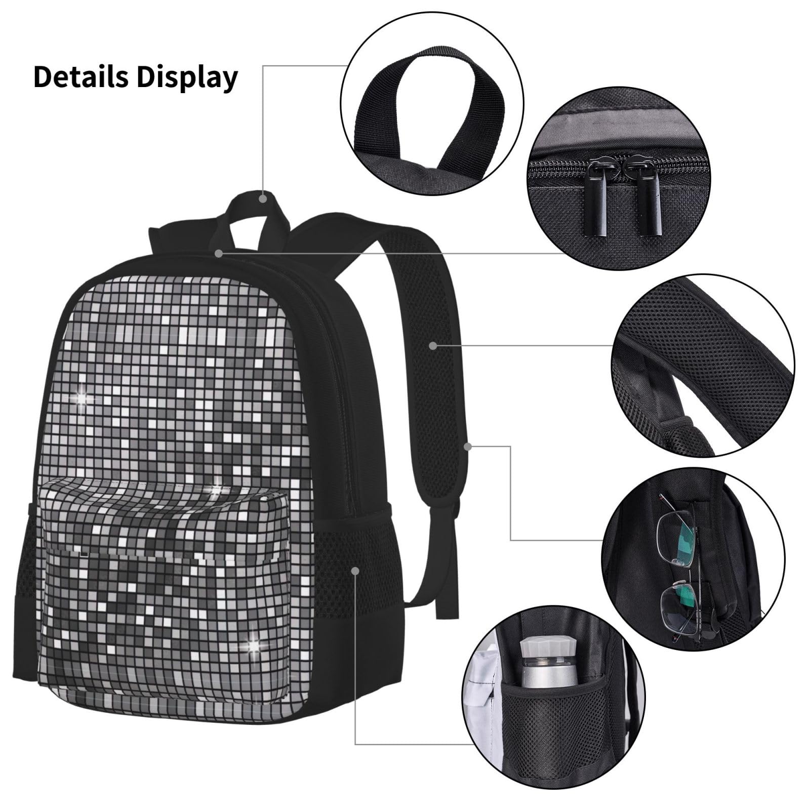 KoNsev 3pcs Backpack Sets,Silver Sequin Sparkle Pattern Printed Backpacks Set With Lunch Bag Pencil Pouch