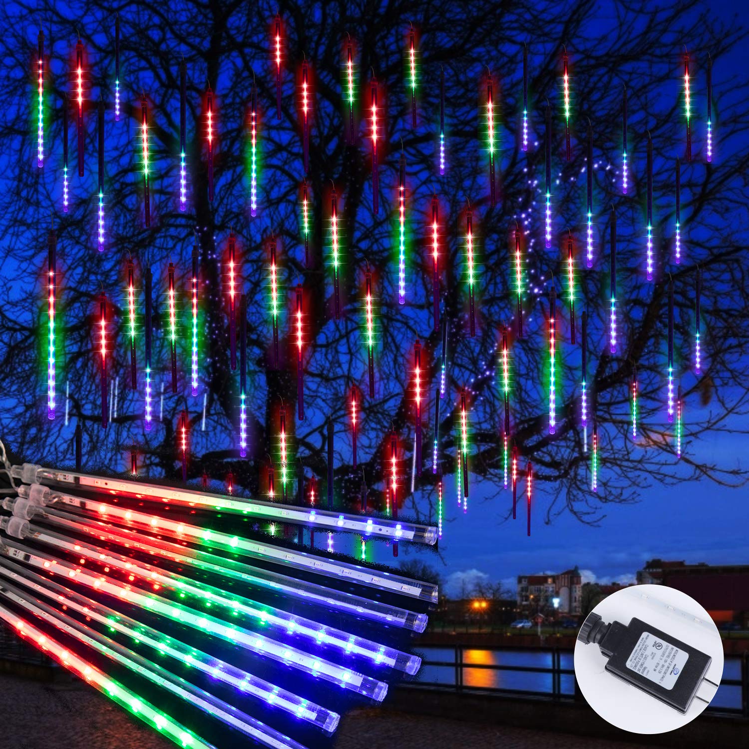 Meteor Shower Lights Outdoor, 11.8 Inches 10 Tubes 240 LED Snowfall Lights, Waterproof Meteor Christmas Lights, Hanging Falling Rain Lights for Tree Bushes Holiday Party Christmas Decor, Multicolored