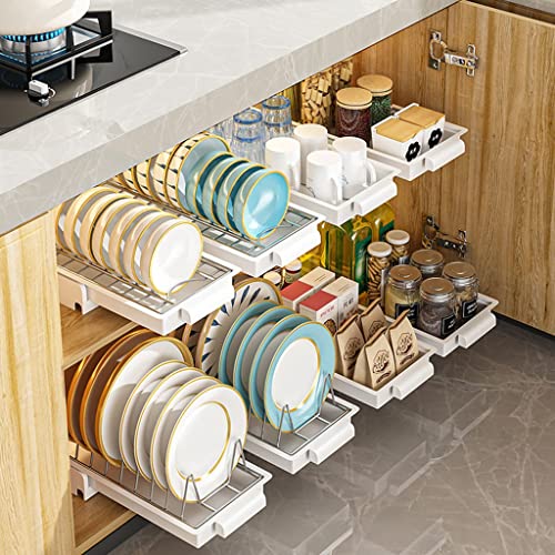 SIFASI Under Sink Bowls/Plates Organizers and Storage Sliding Dishes Rack Organizer for Cabinet with Handles Basket Pantry Riser 2 Tier (Color : White)