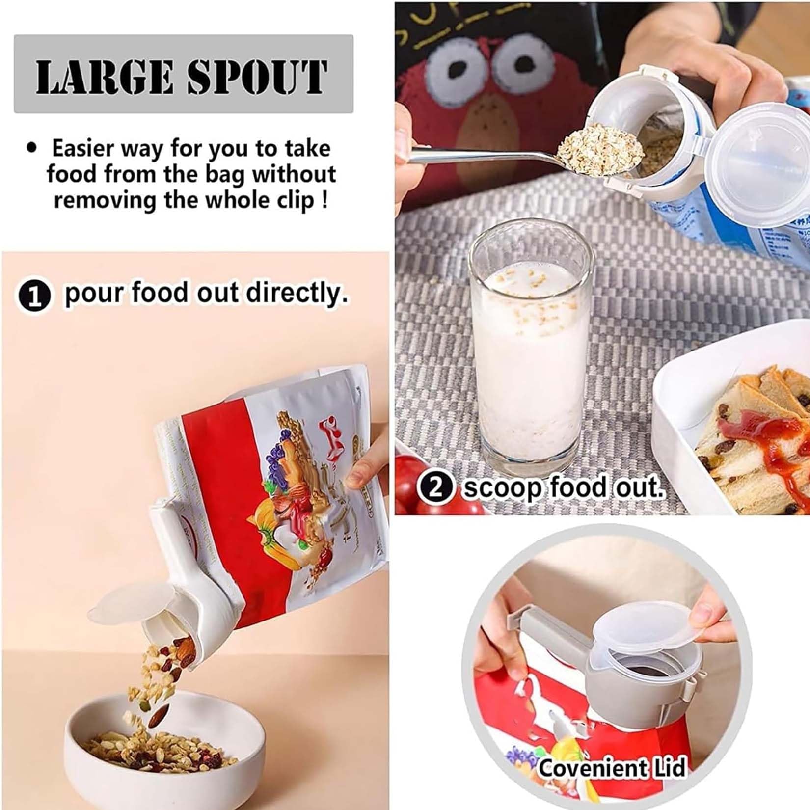 Znsjilo Bag Clips with Pour Spout, Snack Clips That Pour, Seal and Pour Bag Clip, Food Storage Sealing Clips with Pour Spouts, Reusable Snack Clips Pour for Kitchen (6Pcs A)