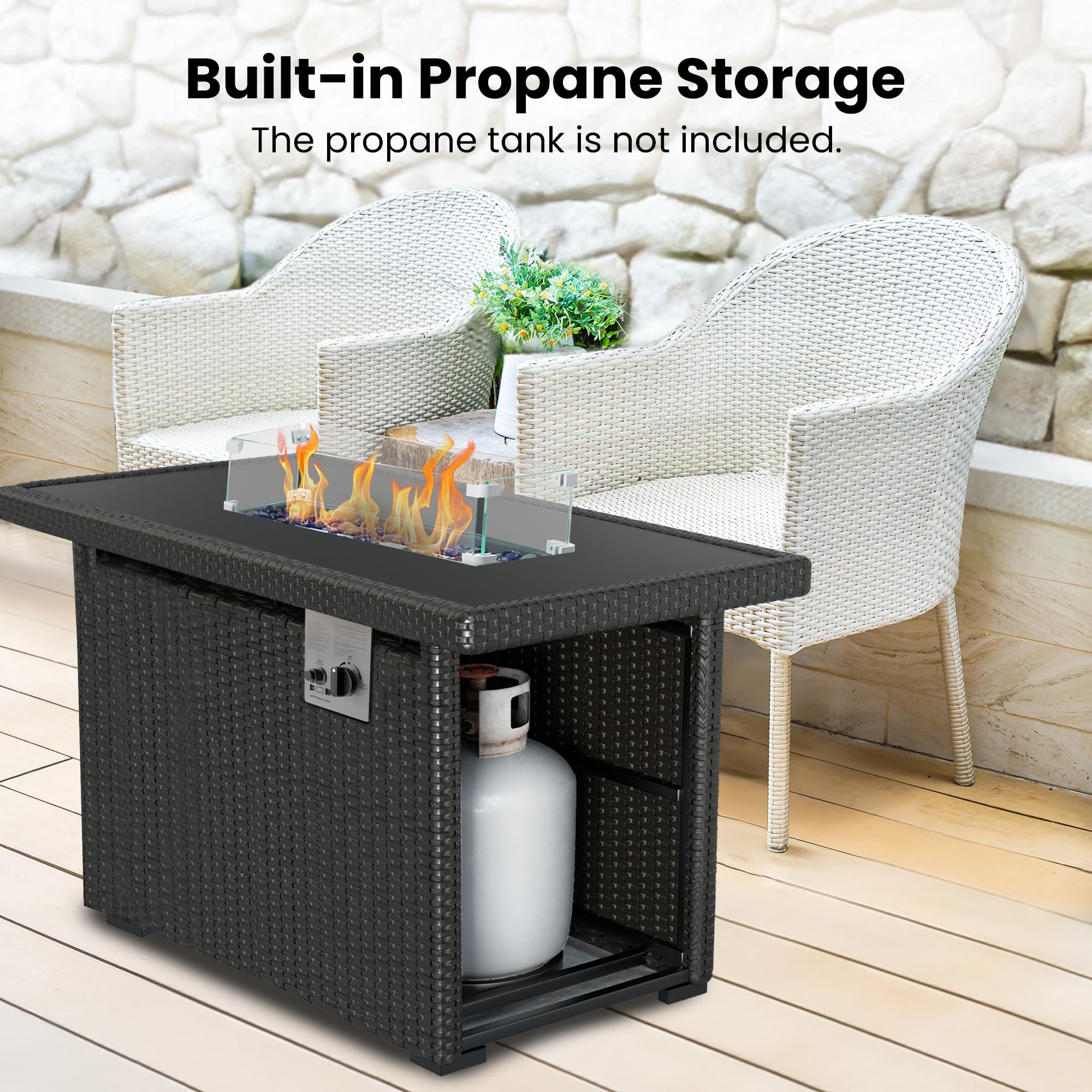PRIMETEK 2-in-1 Fire Pit Table for Patio, Brown Wicker - 44", 50,000 BTU, Wind Guard, and Glass Rocks (FPH-BRN) (44 x 32 x 24 inch)