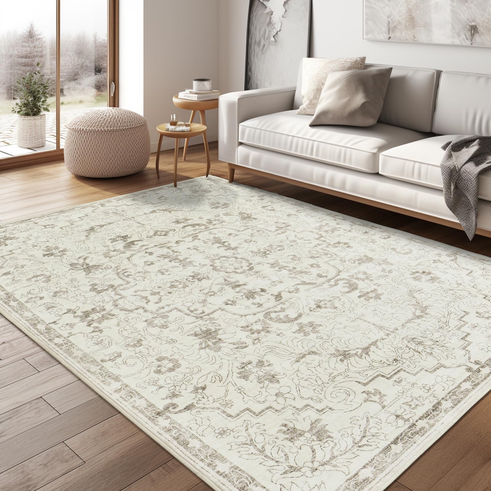 zesthome Washable Rug 5x7, Non-Slip Backing 5x7 Area Rugs, Vintage Design Rugs for Living Room, Bedroom, Home Decor, Ultra-Thin Soft Area Rug, Low Pile Boho Rug