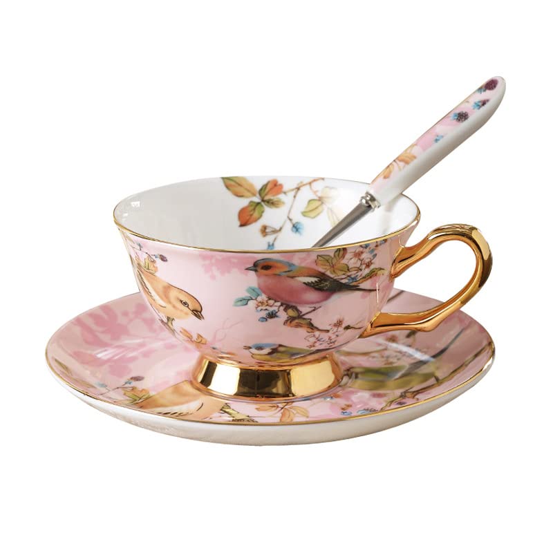 Pfedxoon Pink Bird Tea Cup with Saucer Spoon 3 Piece Set(7oz) Cappuccino Cups, Coffee Cups, Tea Cup Set, British Coffee Cups, Porcelain Tea Set, Latte Cups, Mother's Day Gift