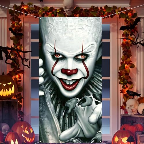 Scary Creepy Horror Movie Character Pennywise Door Cover Clown Joker Photo Backdrop Classic Horror Halloween Party Decorations and Supplies for Home