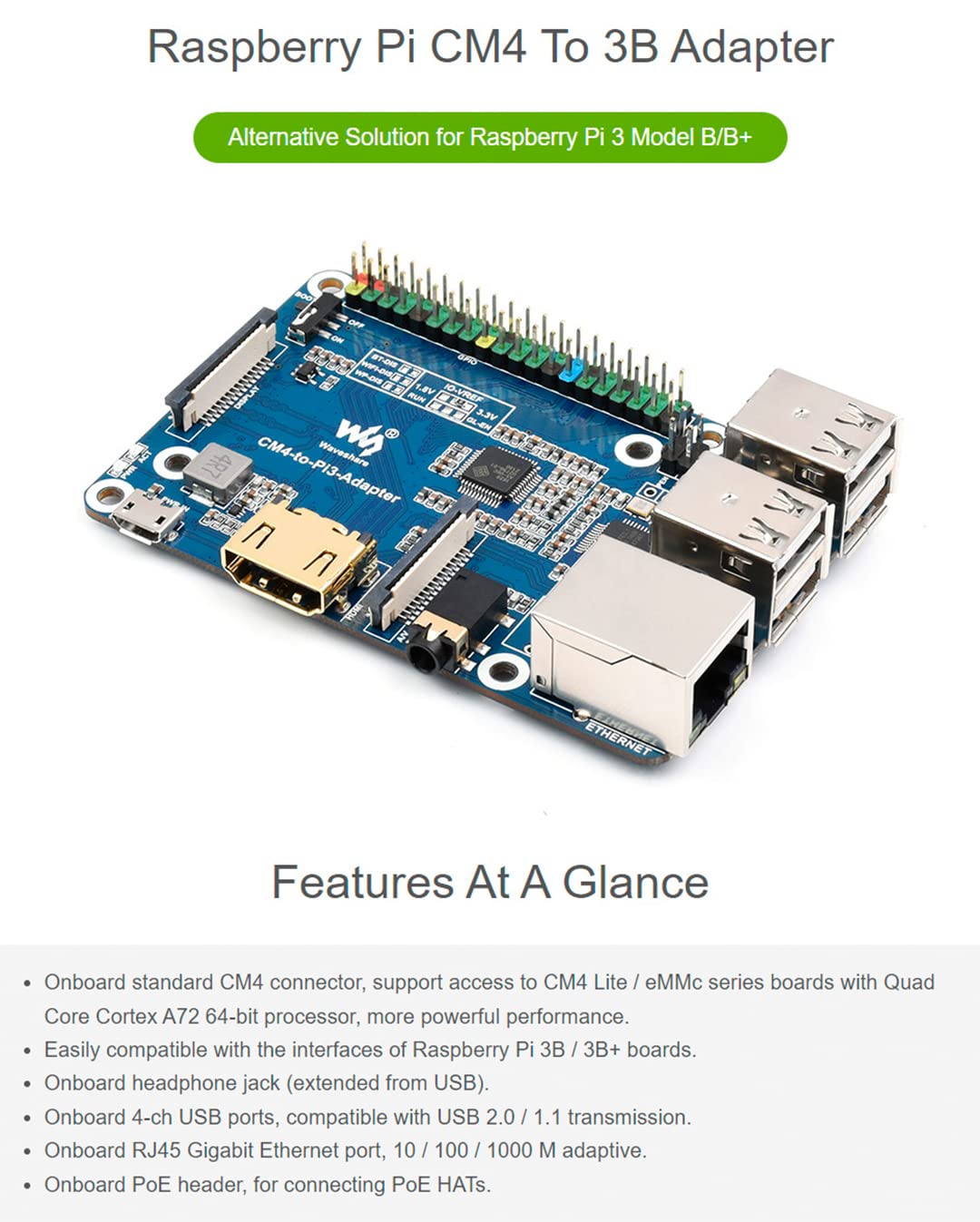 Raspberry Pi Compute Module 4 to Pi 3B/3B+ Adapter,Connect Compute Module 4 with Converter Board to Replace Raspberry Pi 3 Model B/3B+,Alternative for RPi 3B/3B+ Compatible with Pi 3B/ 3B+ Hats