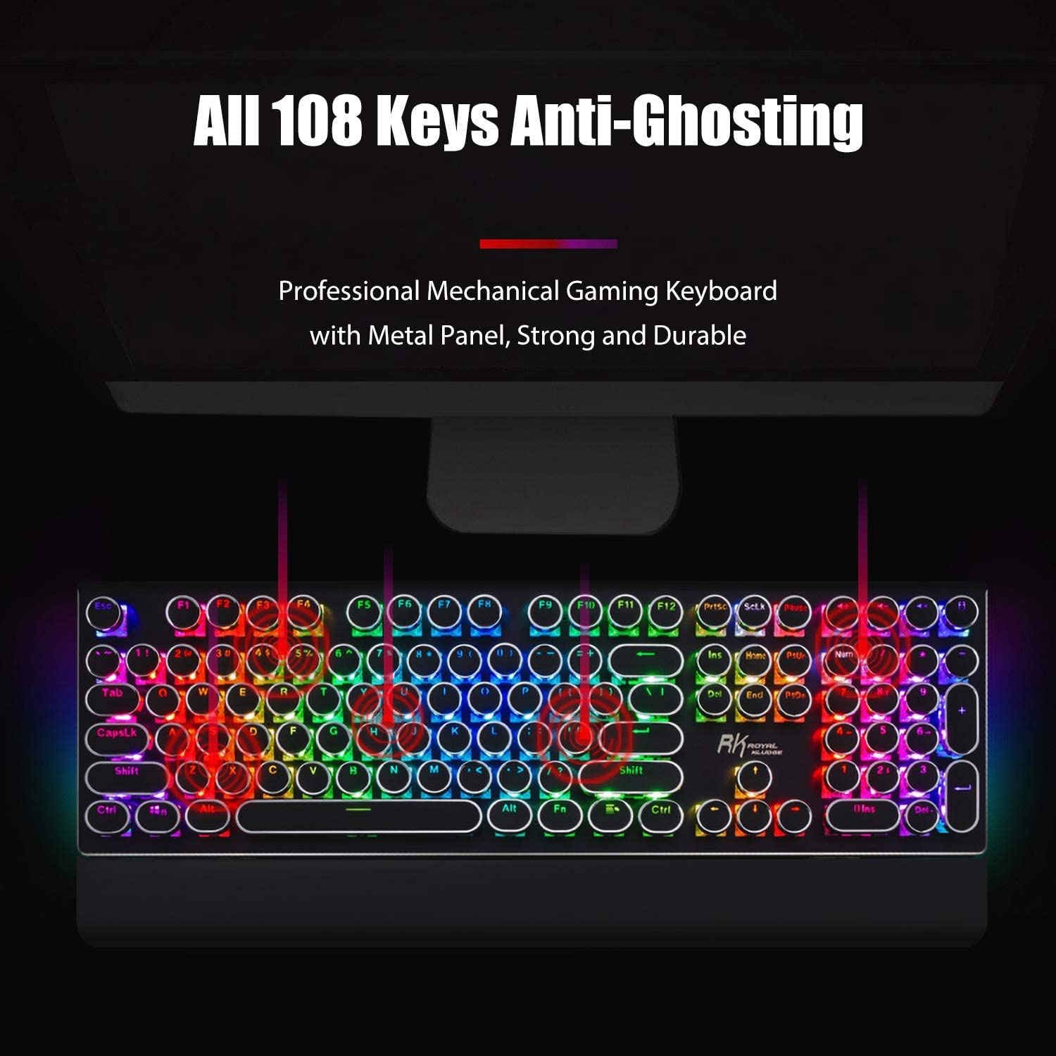 RK ROYAL KLUDGE S108 Typewriter Style Mechanical Gaming Keyboard with True RGB Backlit Collapsible Wrist Rest 108-Key (Red Switch, Black)