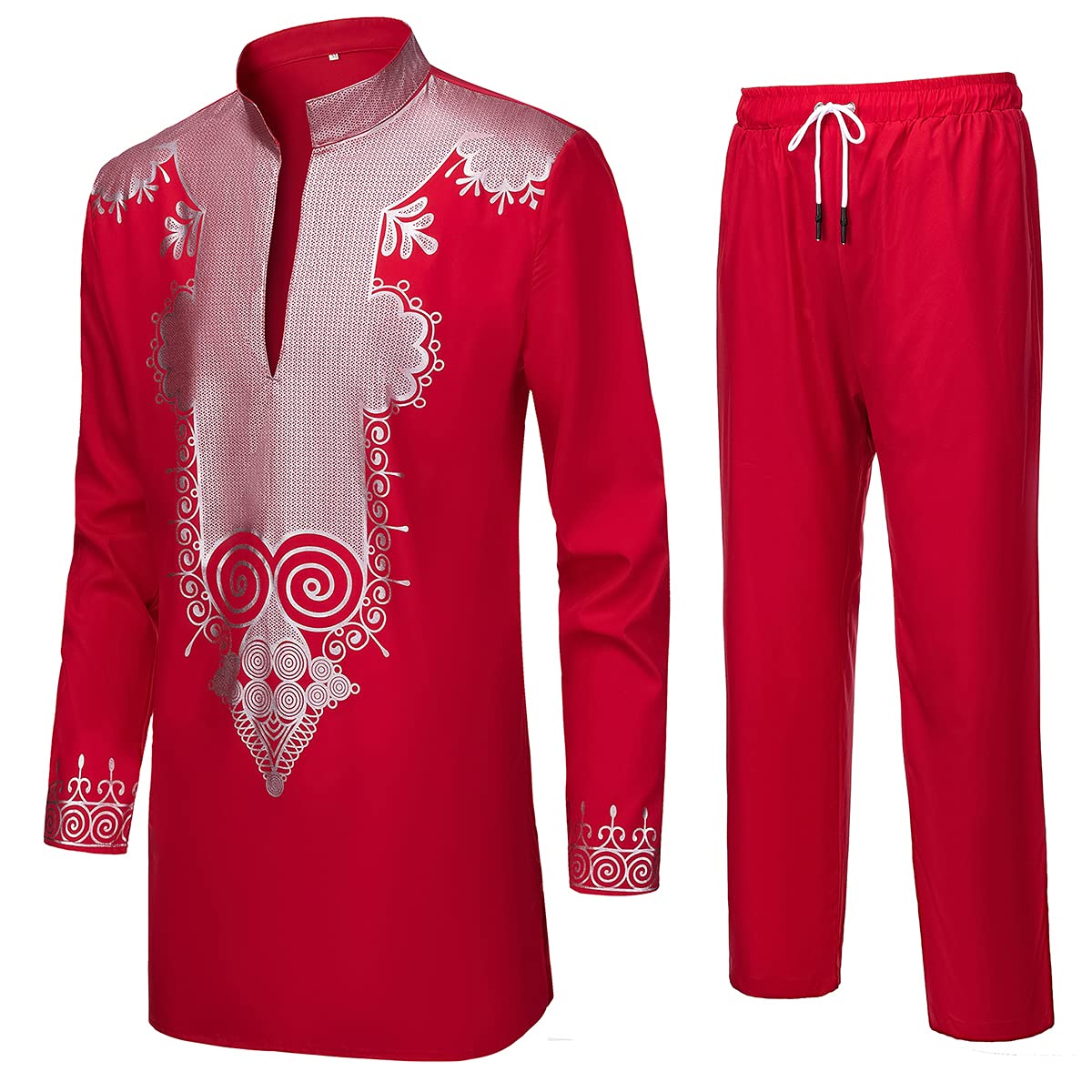 LAXX Men's 2 Piece African Dashiki Shirt, Traditional Tribal Pattern Printed Long Sleeve Pullover Trouser Set Red Sliver,Medium