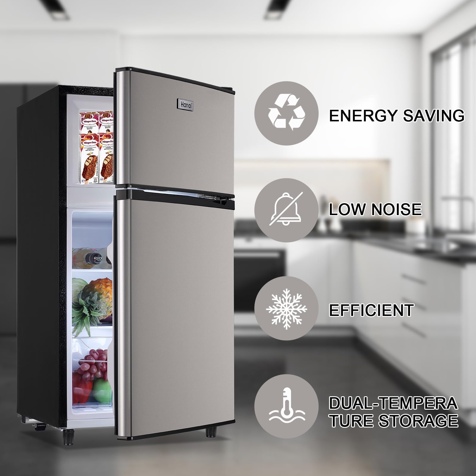WANAI Compact Refrigerator 3.5 Cu.ft Mini Fridge with Freezer, Small Refrigerator with 7 TEMP Modes, Energy Saving, Low Noise for Bedroom, Dorm, Office, Apartment, Sliver